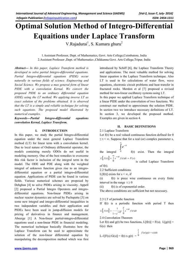 optimal solution method of integro-differential equaitions under laplace transform | PDF