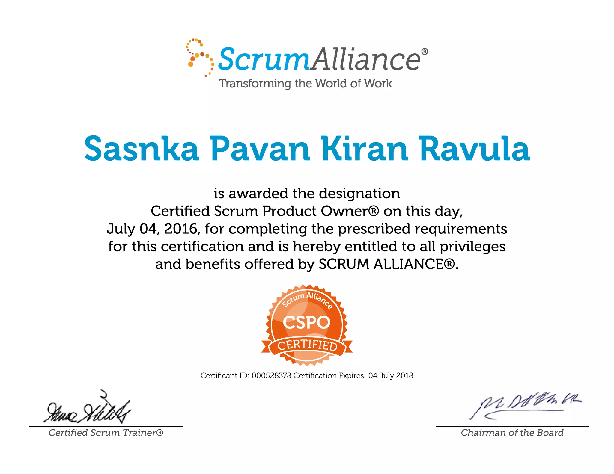 Sasnka Pavan Kiran Ravula-ScrumAlliance_CSPO_Certificate | PDF | Internet Safety | Parenting
