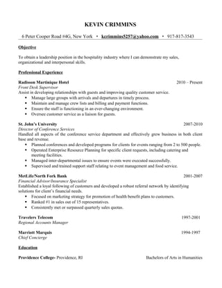 Kevin Crimmins Newest Resume 2016 | DOC | Hospitality Industry | Industries