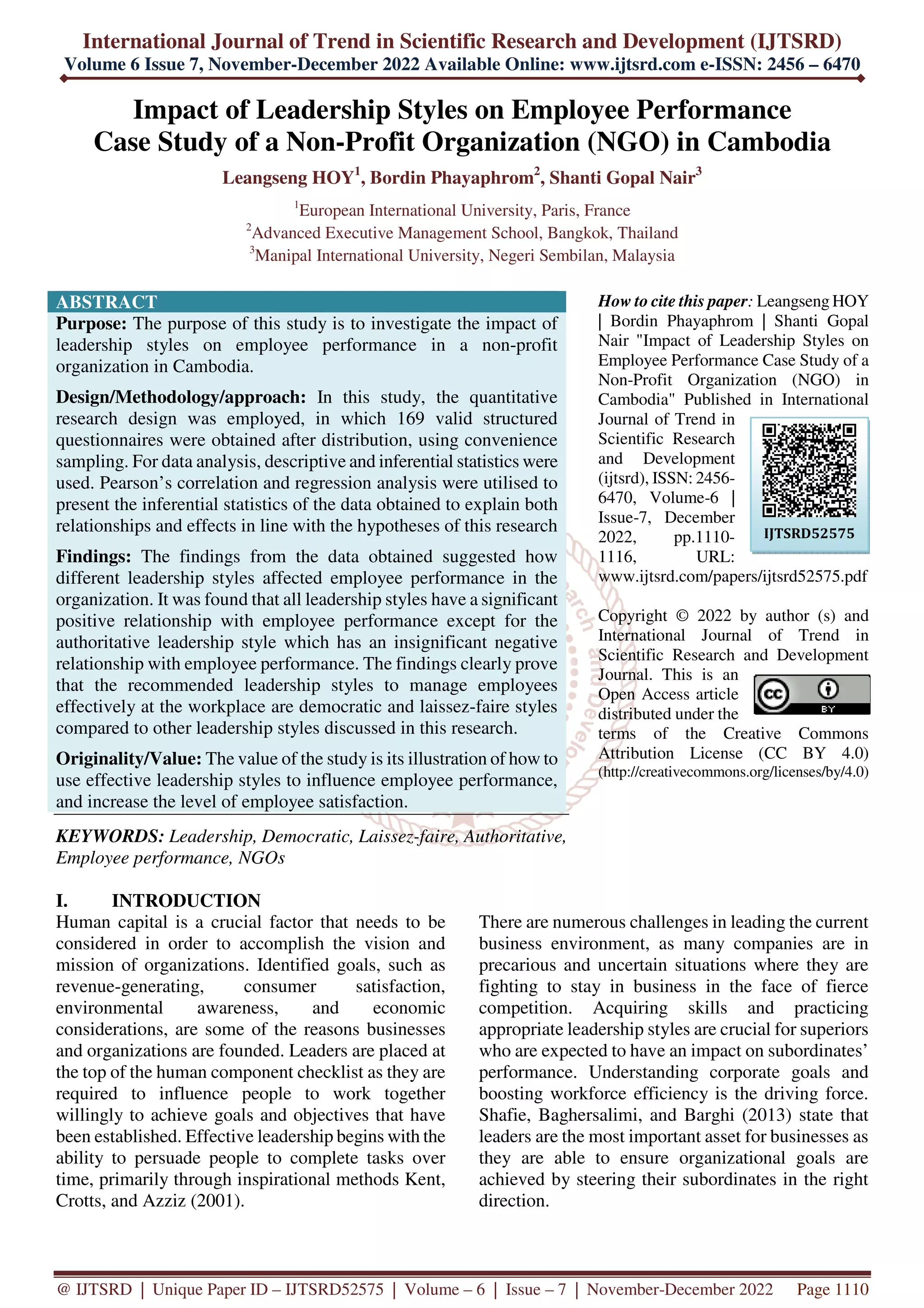Impact of Leadership Styles on Employee Performance Case Study of a Non ...