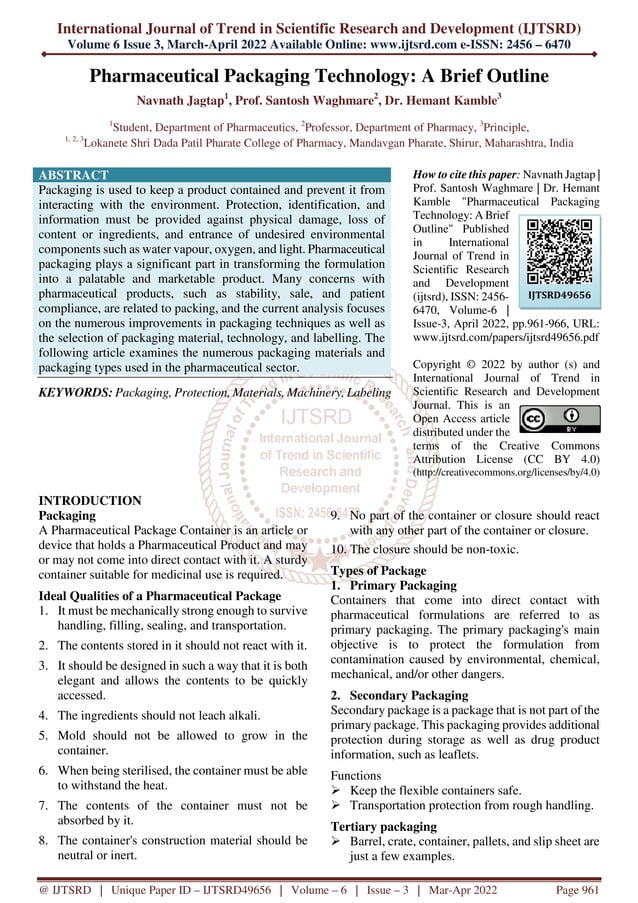 Pharmaceutical Packaging Technology A Brief Outline | PDF