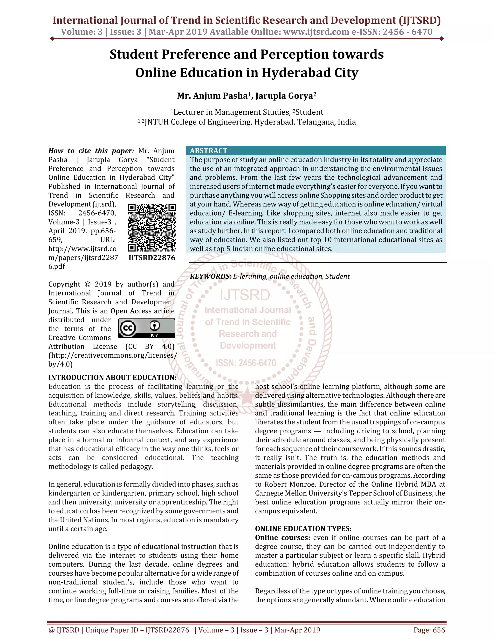 Student Preference and Perception towards Online Education in Hyderabad ...