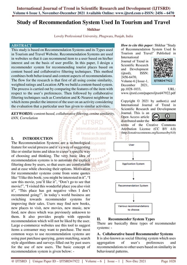 Study of Recommendation System Used In Tourism and Travel | PDF
