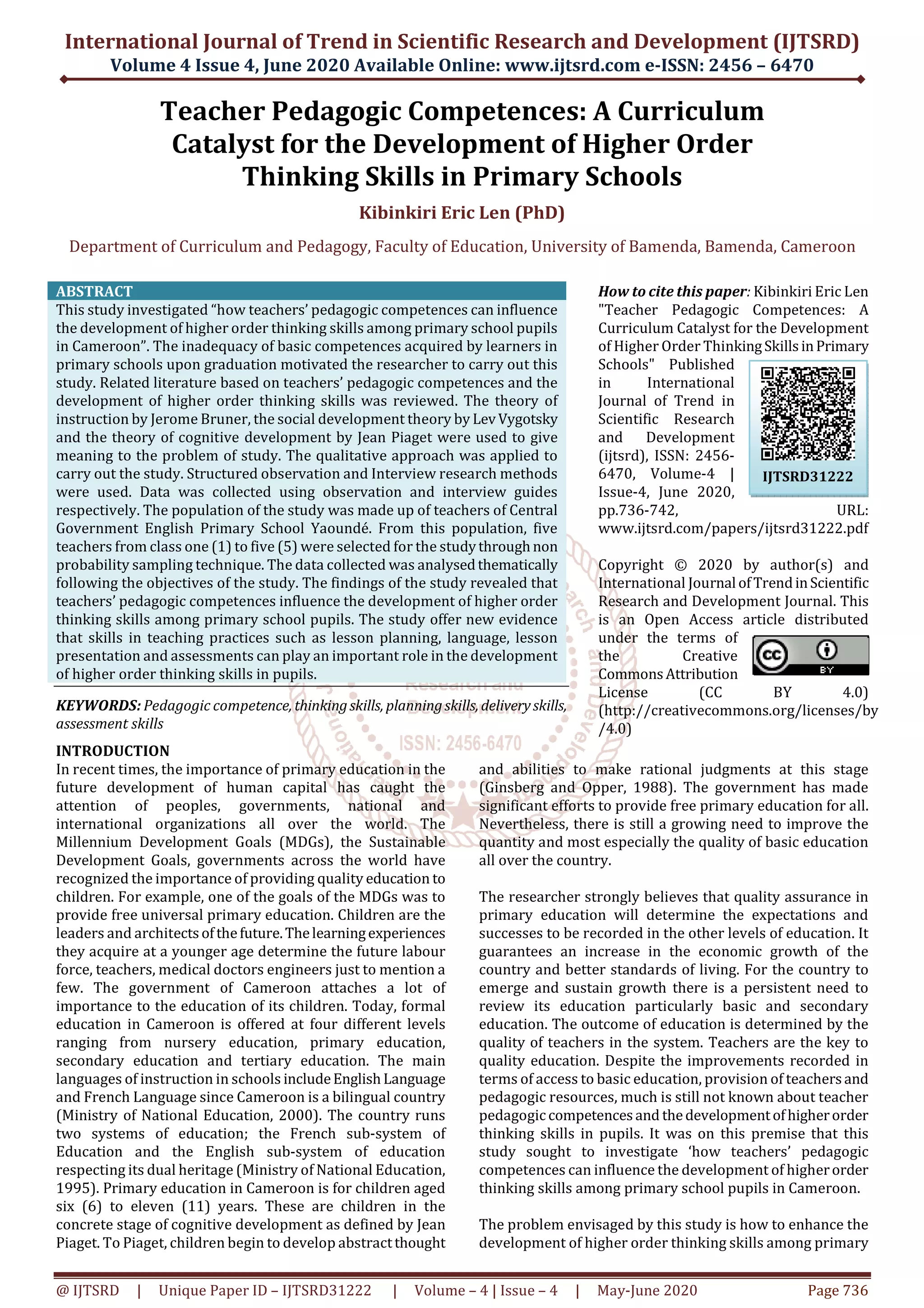 Teacher Pedagogic Competences A Curriculum Catalyst for the Development of Higher Order Thinking ...