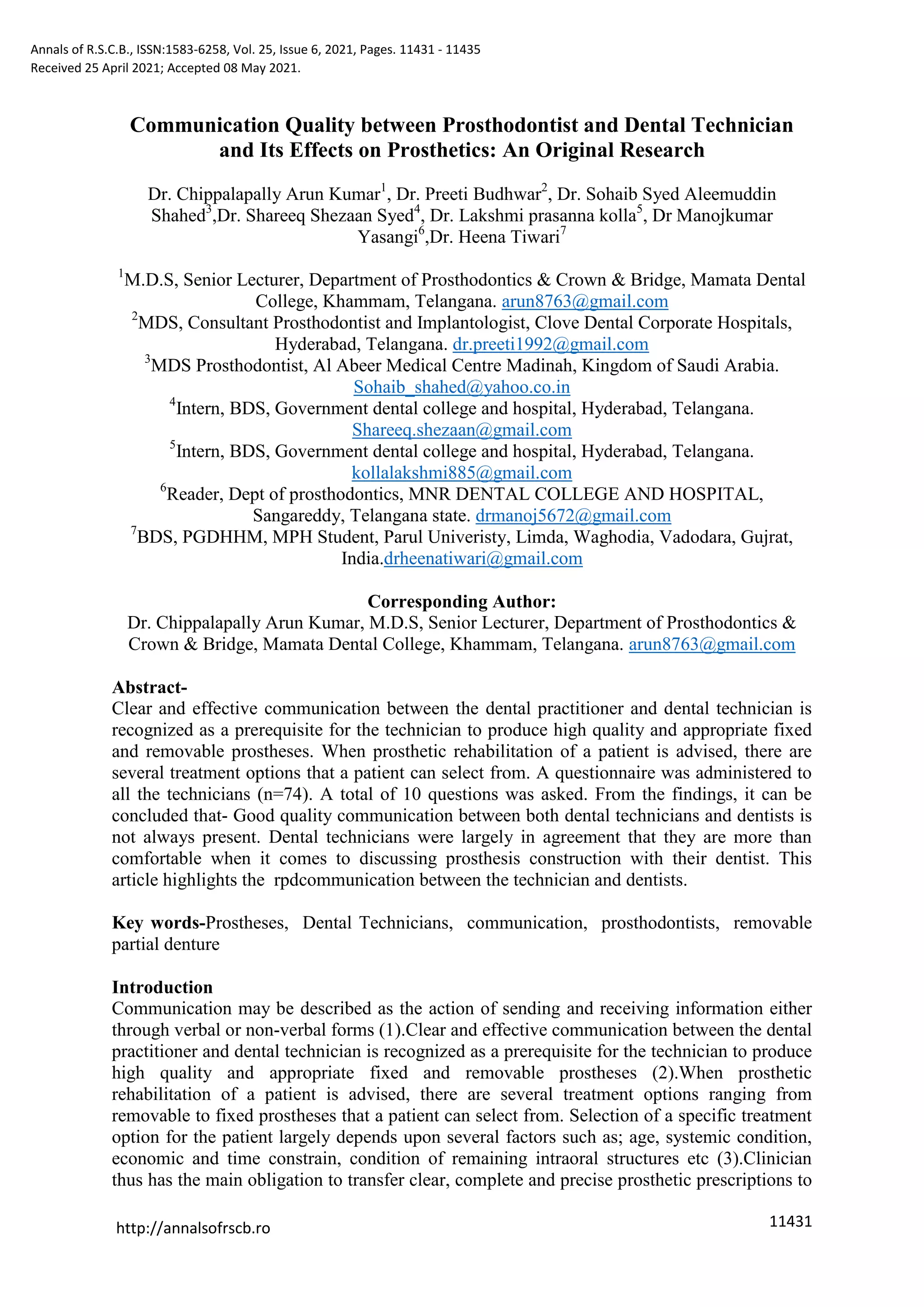 Communication Quality between Prosthodontist and Dental Technician and ...