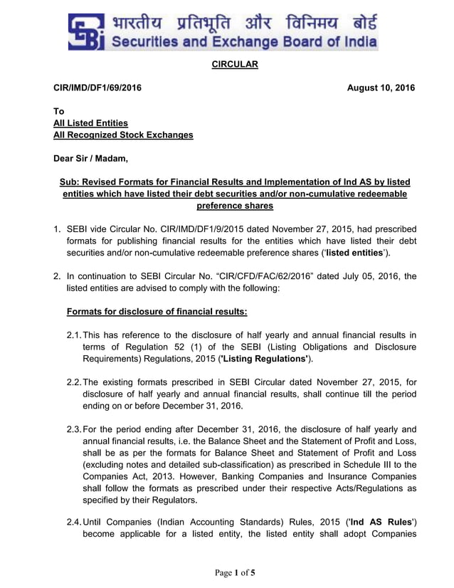 Revised Formats for Financial Results Sebi latest | PDF