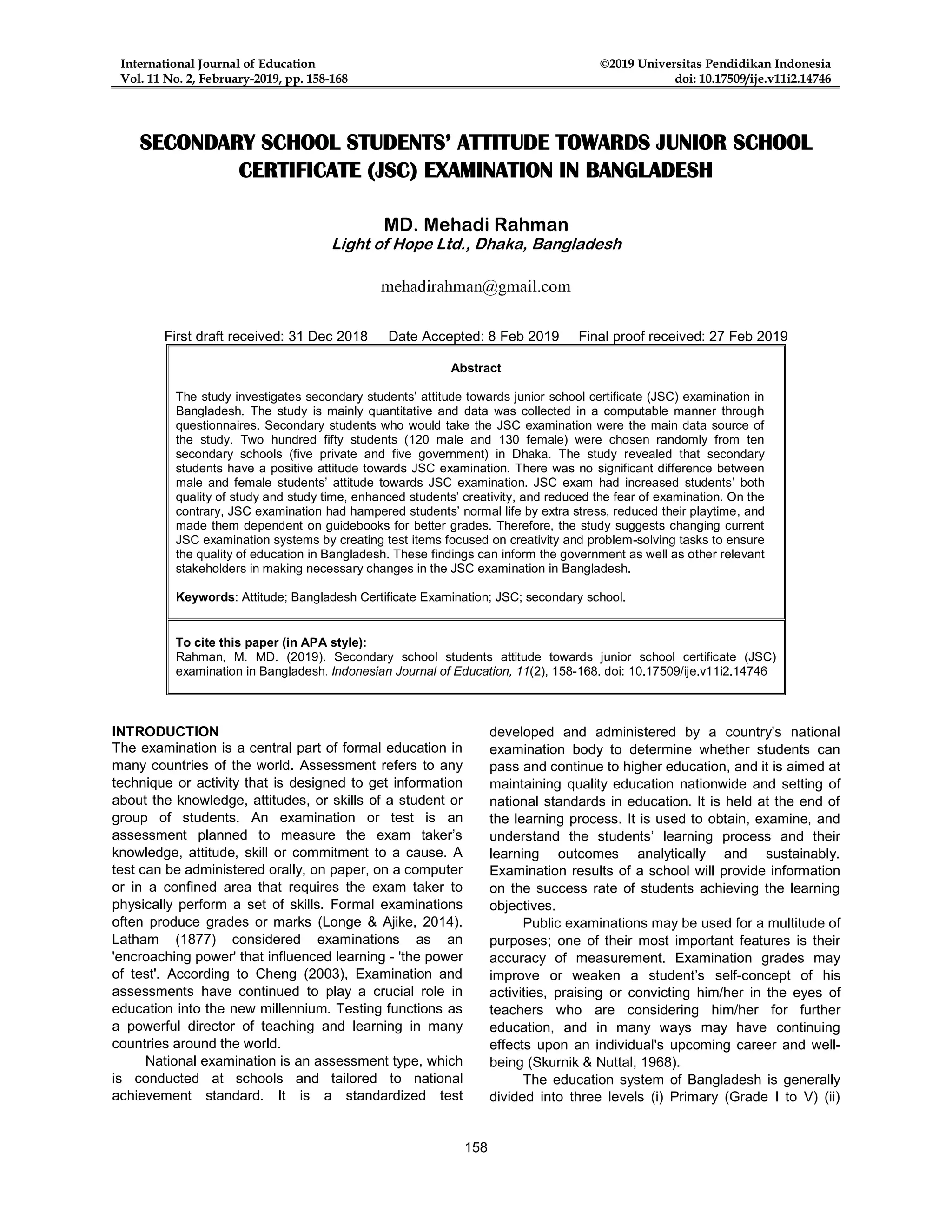 Secondary School Students Attitude towards Junior School Certificate ...