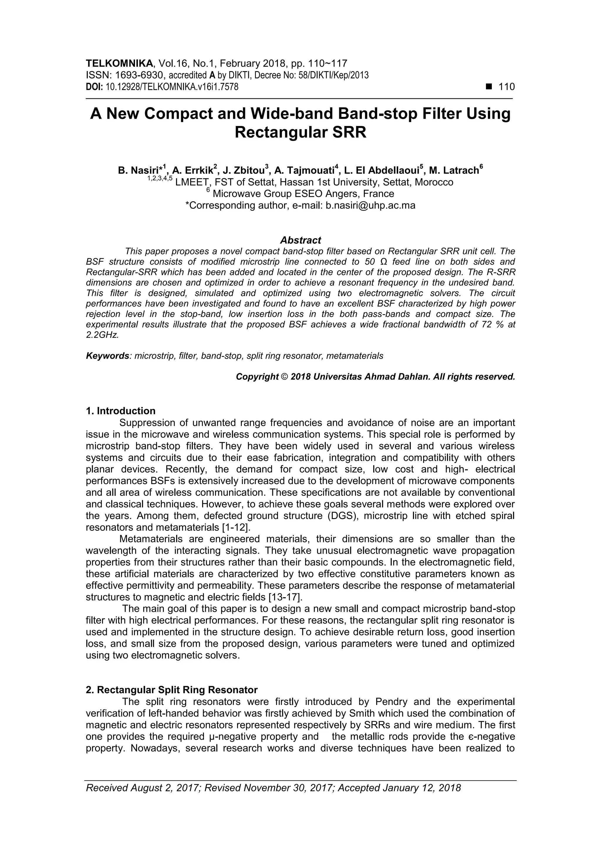 A New Compact and Wide-band Band-stop Filter Using Rectangular SRR ...