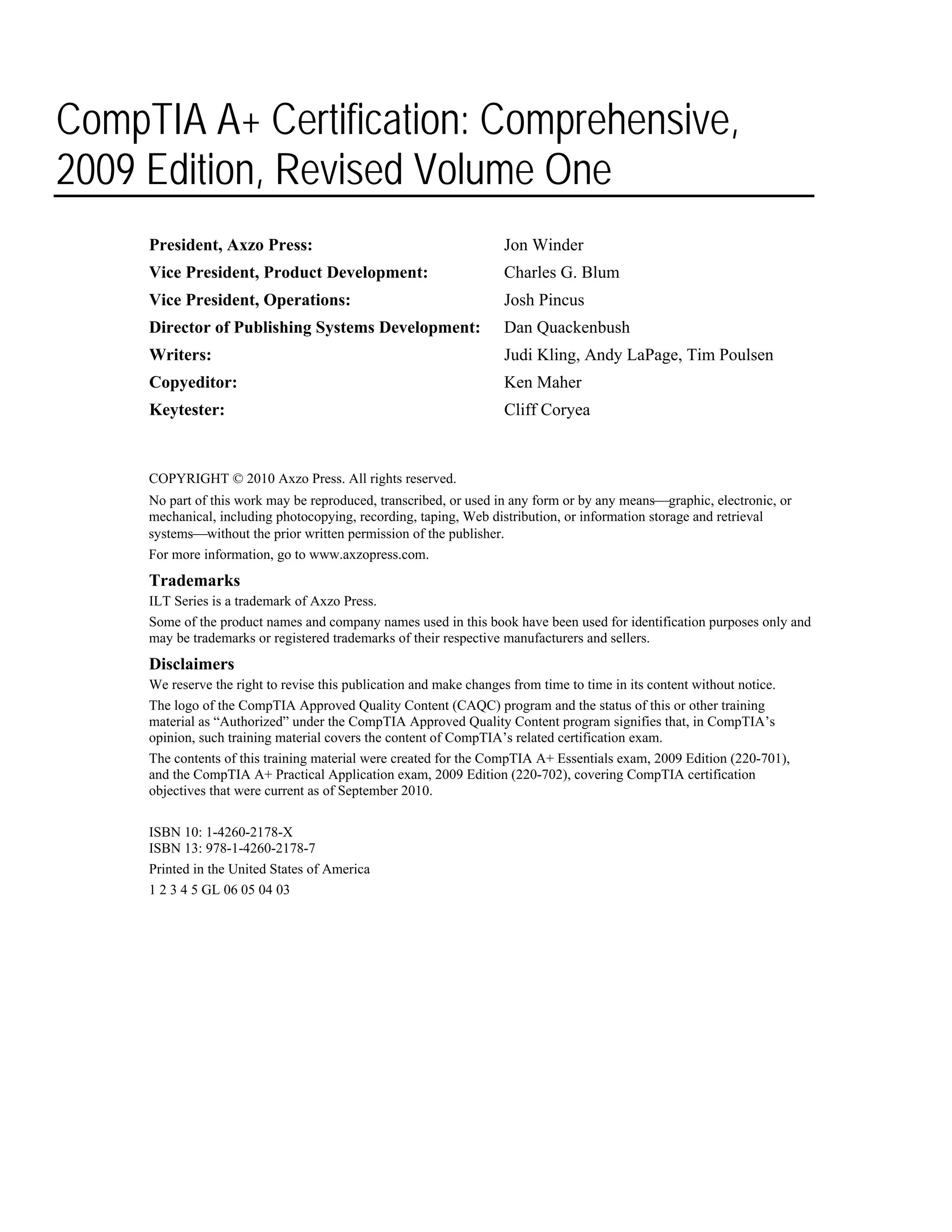 Comptia A Certification Comprehensive 2009 Edition Revised Certblaster ...