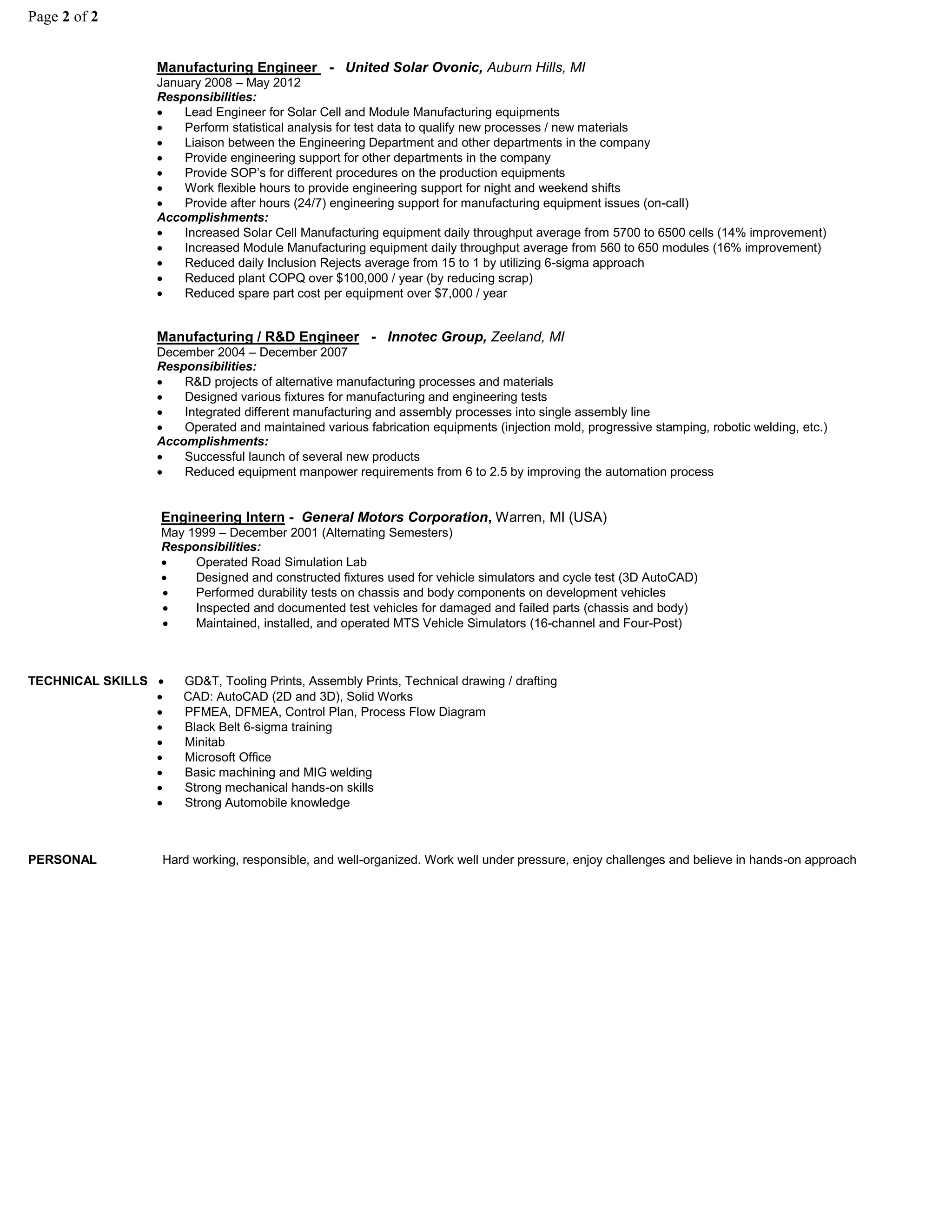 Manufacturing Engineer S-TANAYA RESUME | PDF