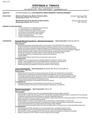 Manufacturing Engineer S-TANAYA RESUME | PDF