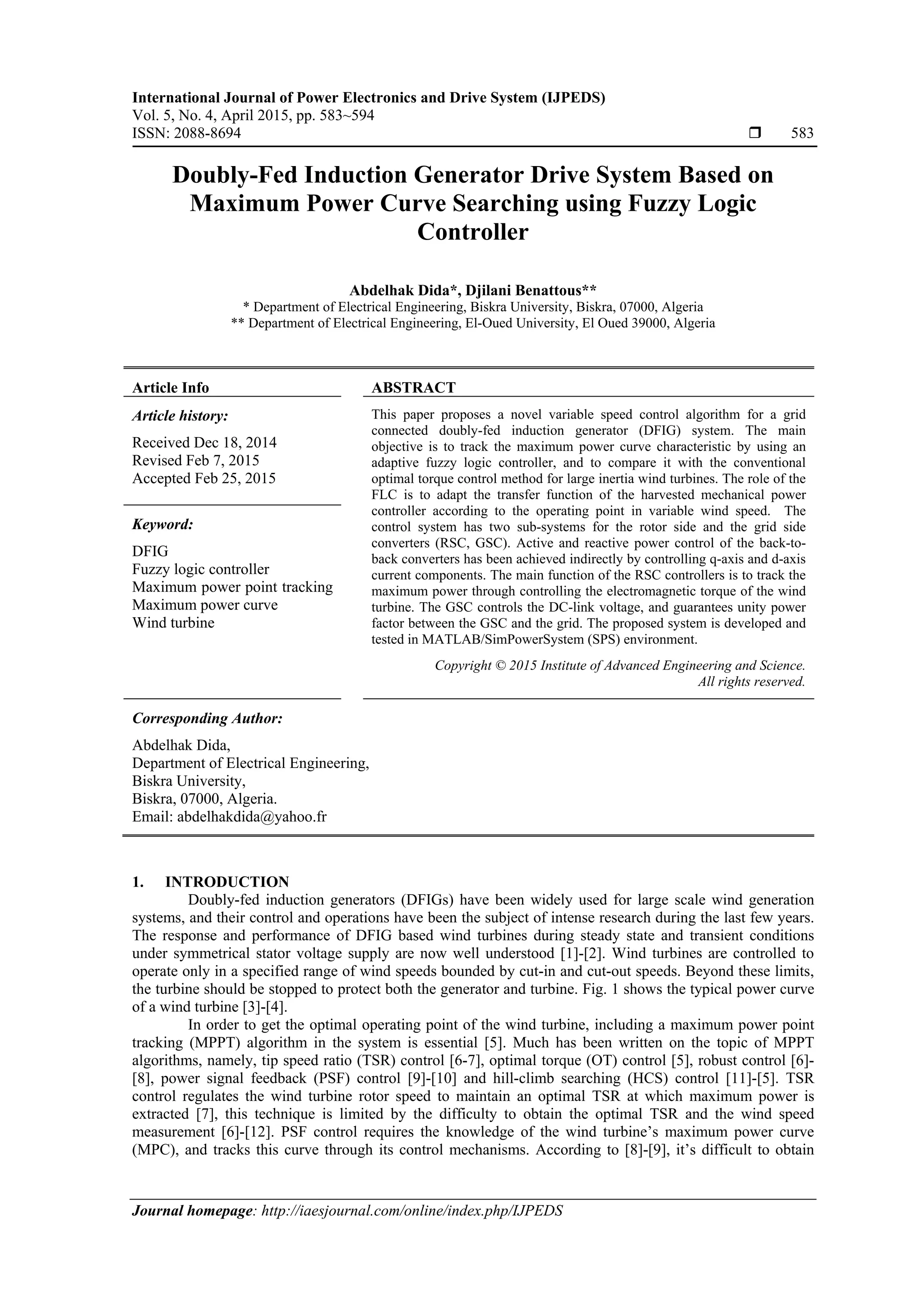 Doubly-Fed Induction Generator Drive System Based on Maximum Power Curve Searching using Fuzzy ...