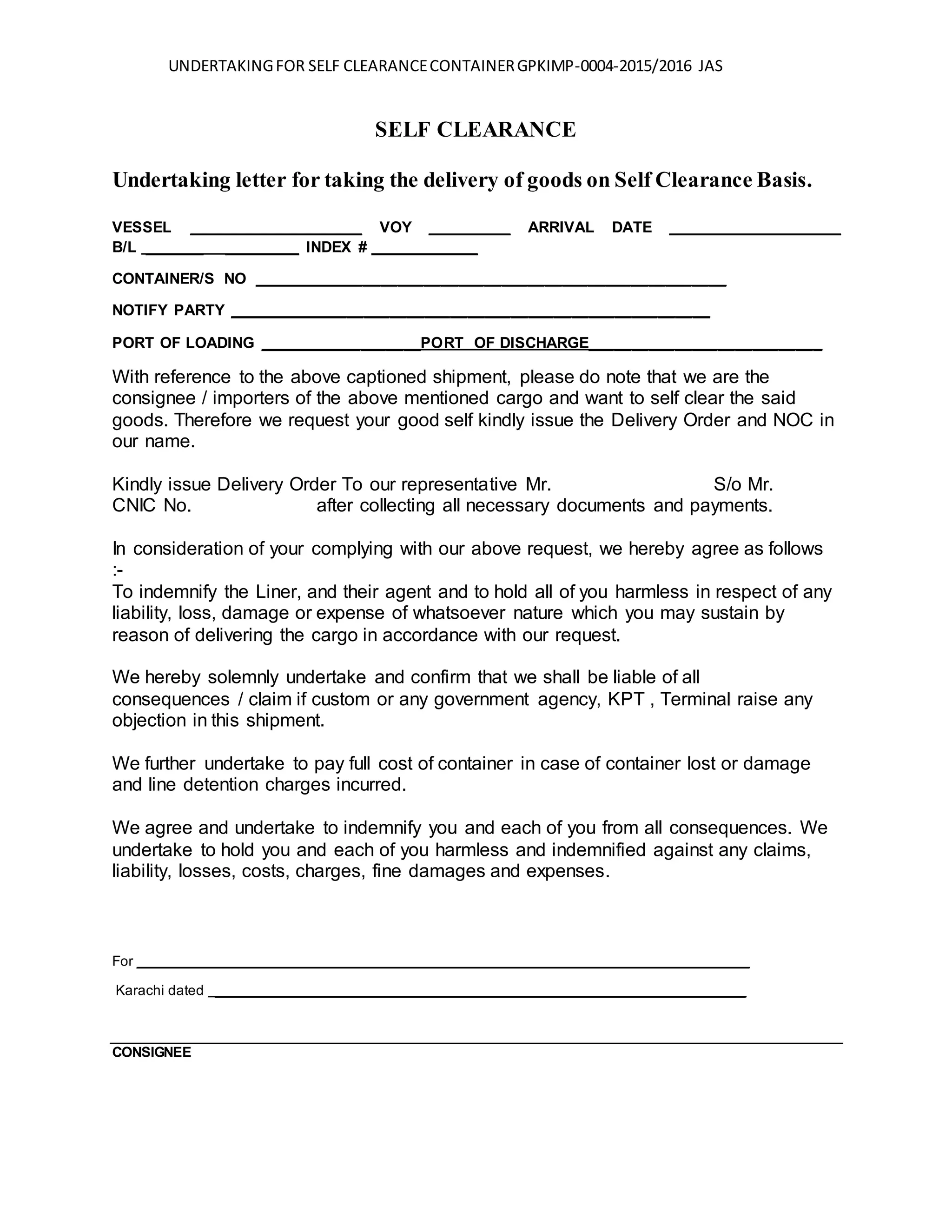 4... UNDERTAKING FOR SELF CLEARANCE CONTAINER GPKIMP-0004-2015-2016 | DOCX