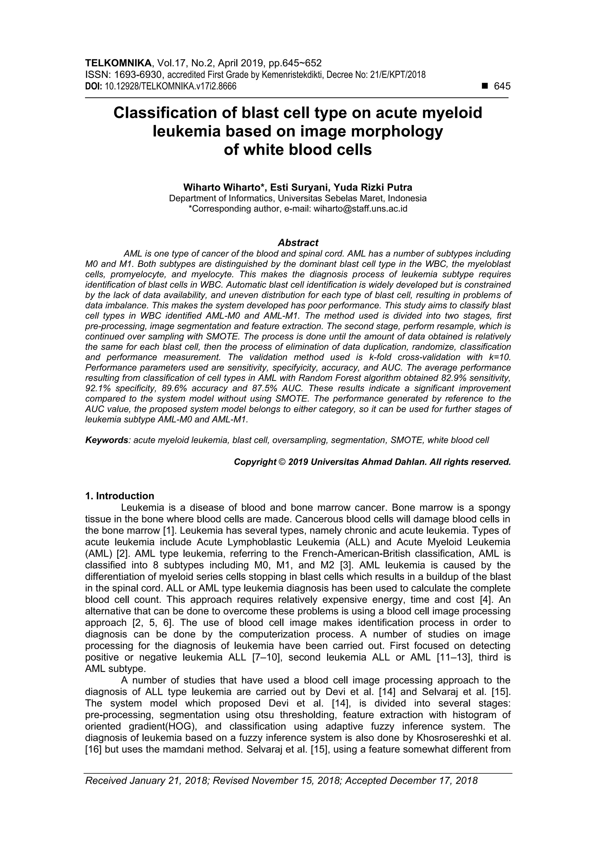 Classification of blast cell type on acute myeloid leukemia based on image morphology of white ...