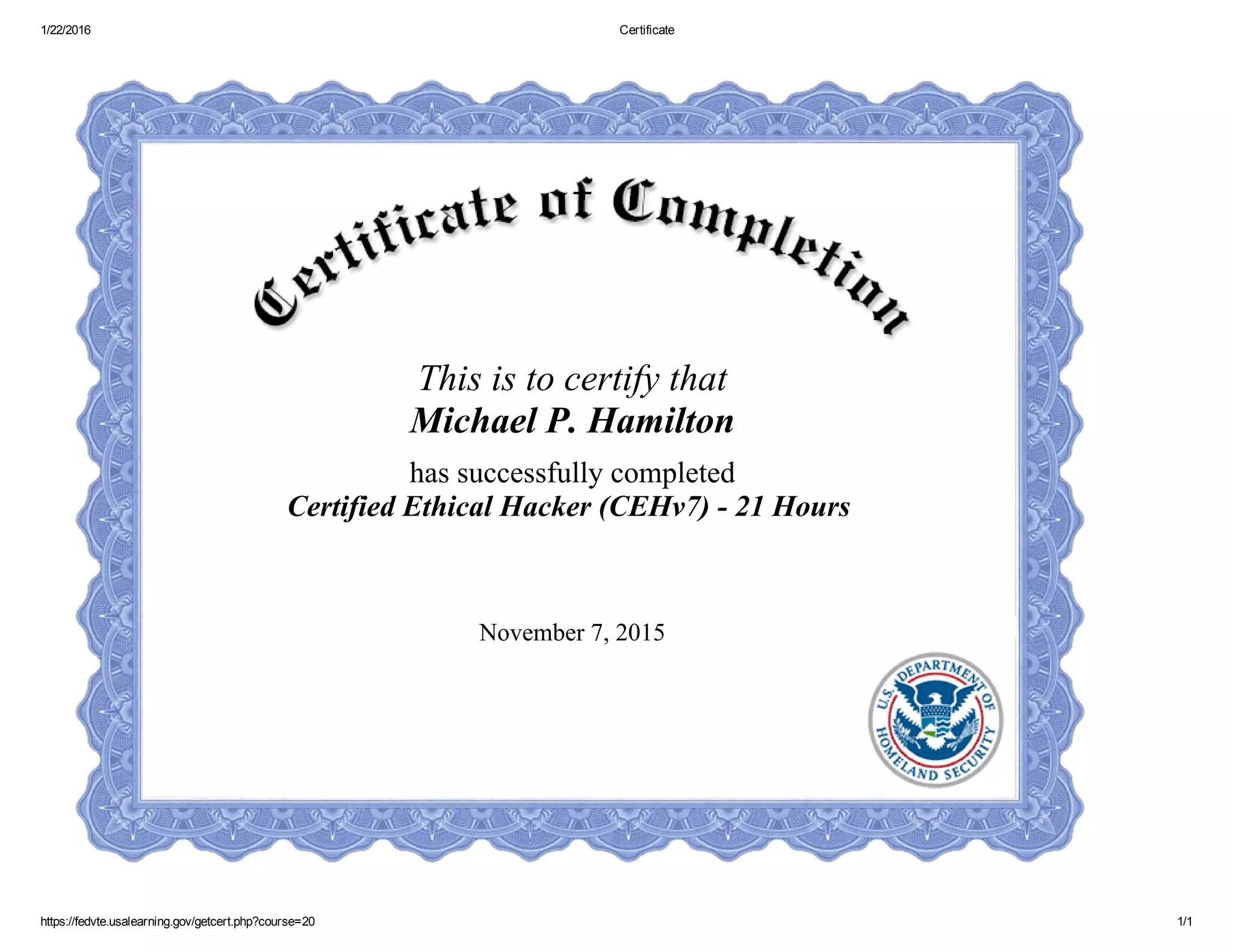 CEH7 Training Certificate | PDF