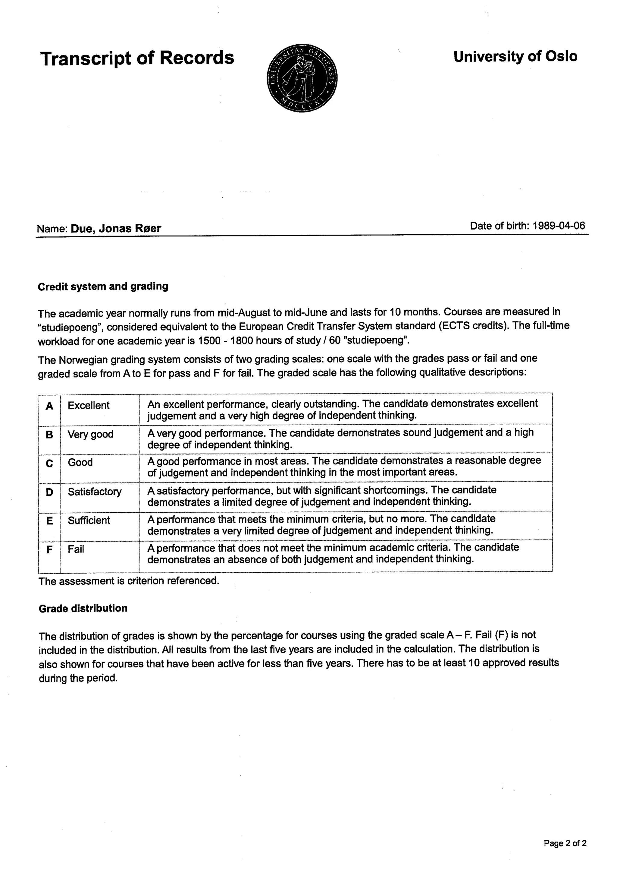 Vitnemål UiO Master Economics | PDF