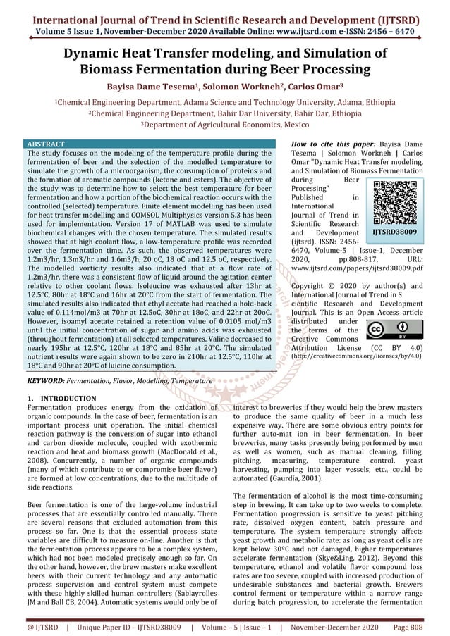 Dynamic Heat Transfer modeling, and Simulation of Biomass Fermentation during Beer Processing ...