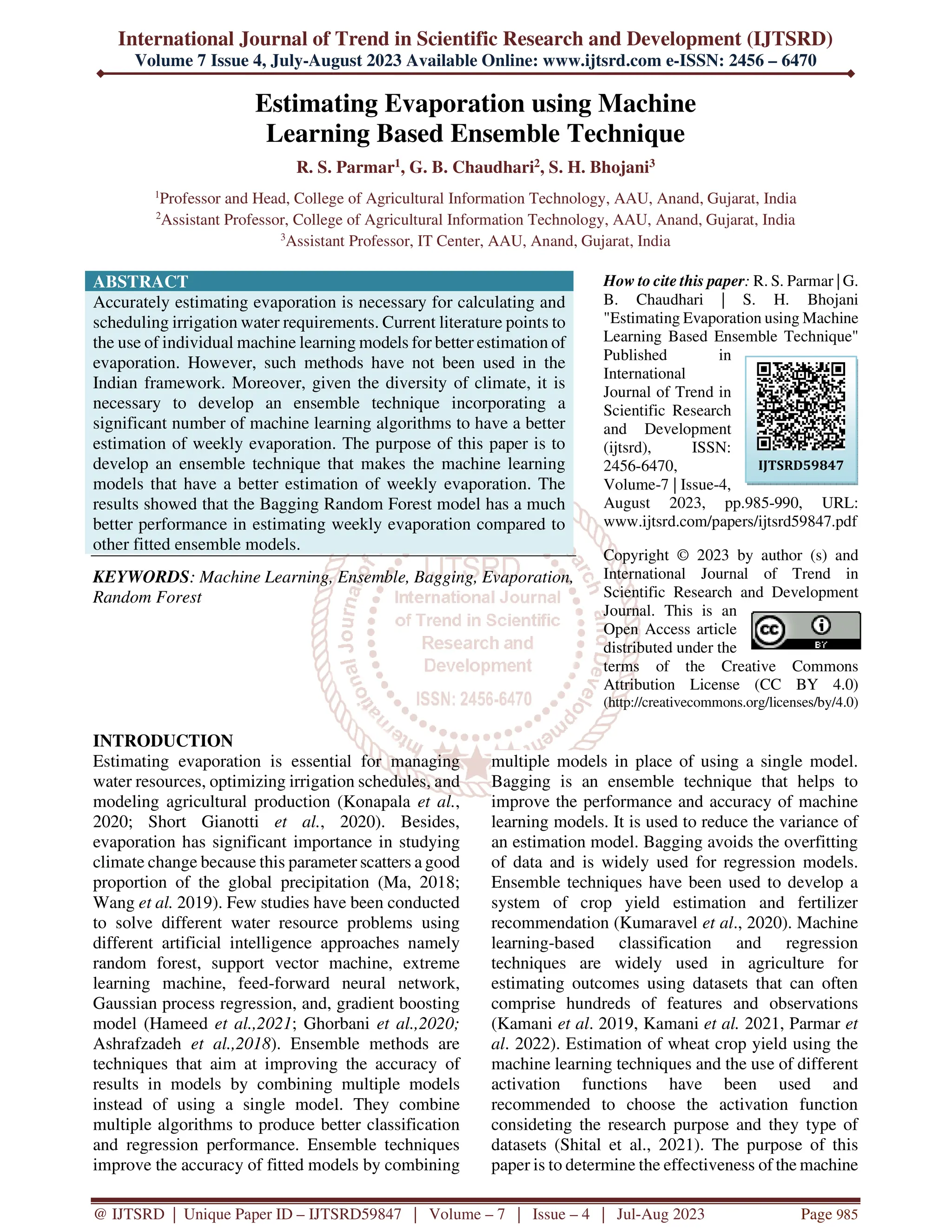 Estimating Evaporation Using Machine Learning Based Ensemble Technique