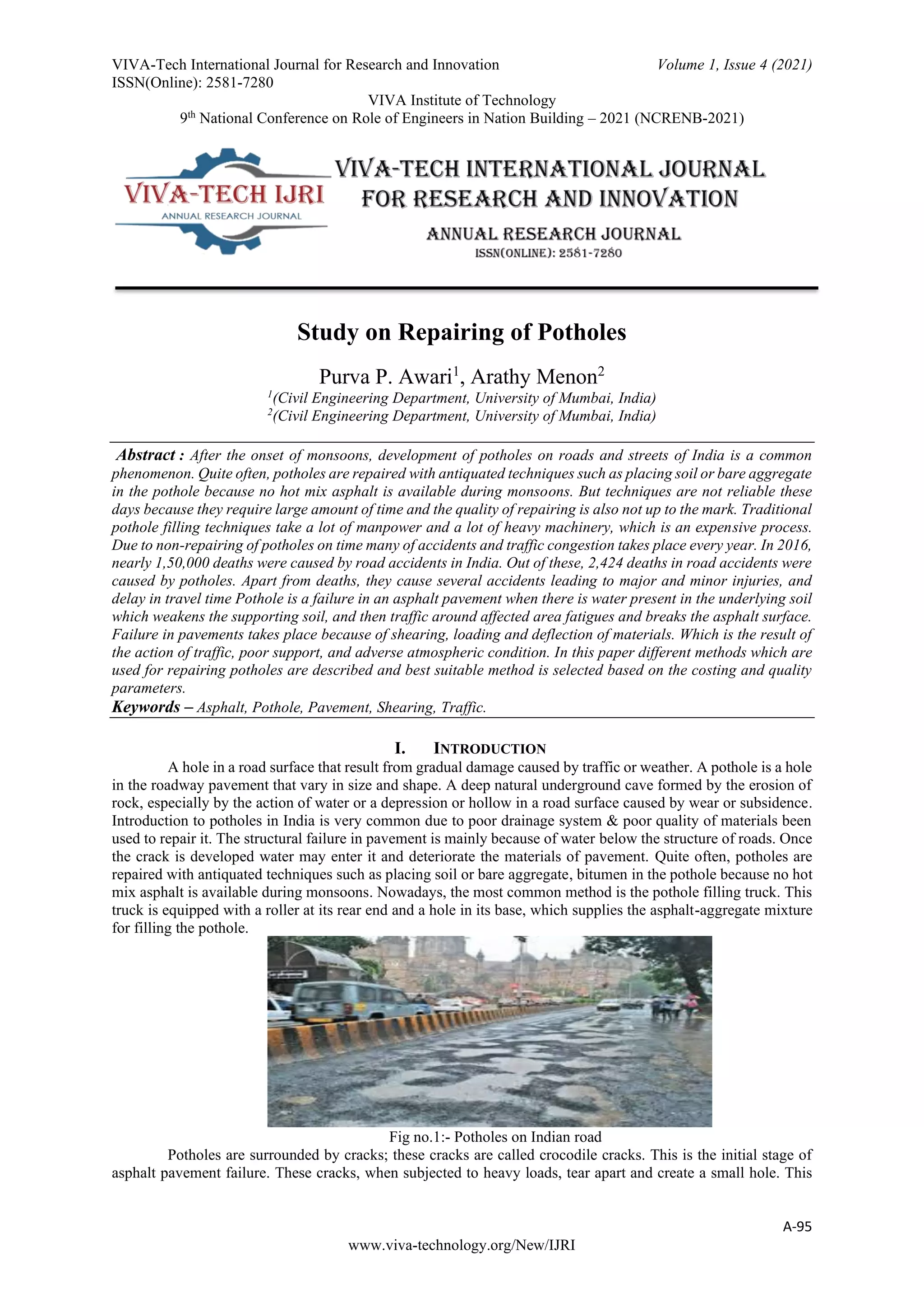 Study on Repairing of Potholes | PDF