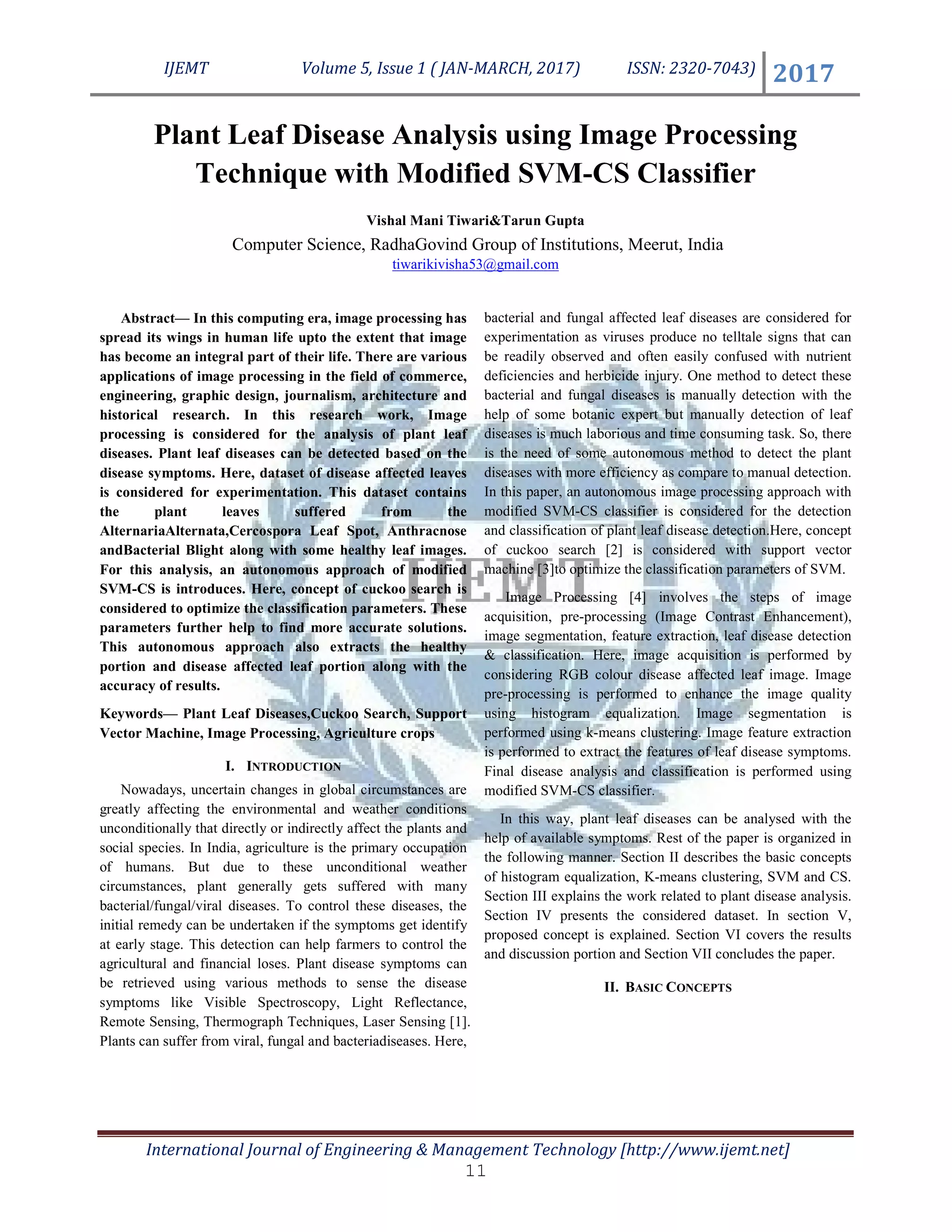 Plant Leaf Disease Analysis using Image Processing Technique with Modified SVM-CS Classifier | PDF