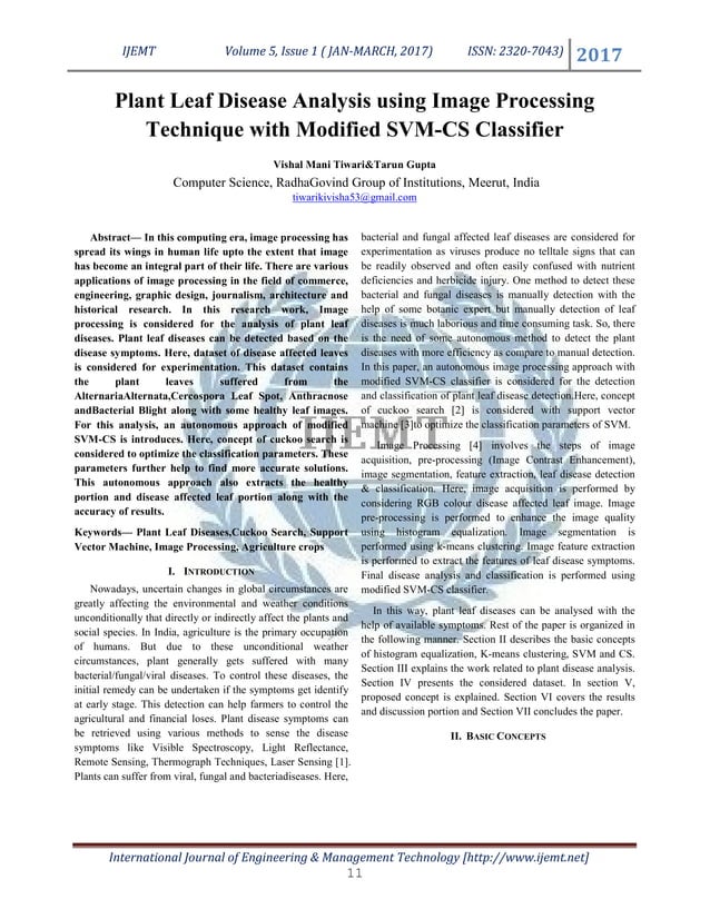 Plant Leaf Disease Analysis using Image Processing Technique with Modified SVM-CS Classifier | PDF
