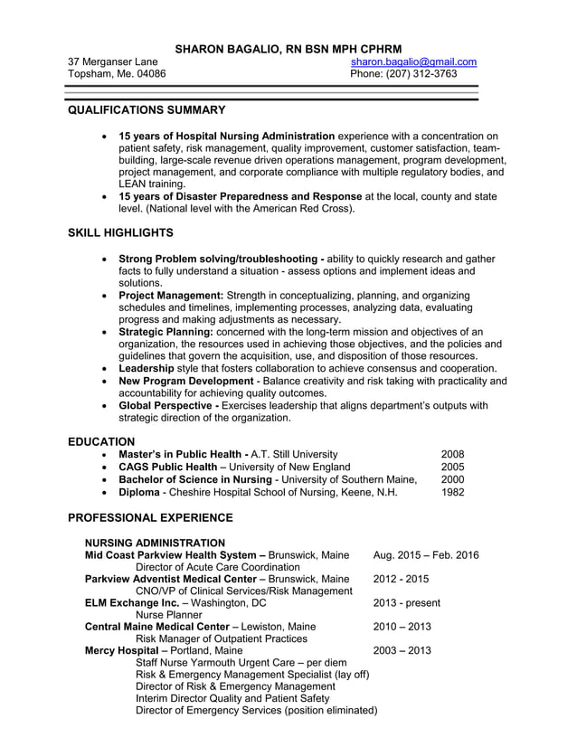 SHARON BAGALIO Resume - current | PDF | Healthcare Industry | Industries