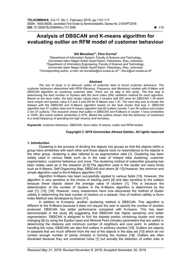 Analysis of DBSCAN and K-means algorithm for evaluating outlier on RFM model of customer ...