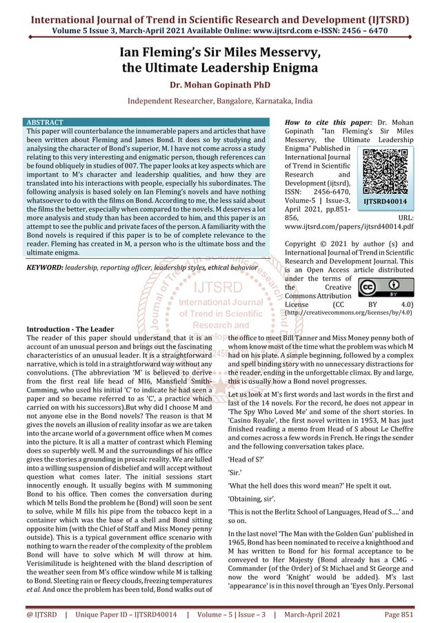 Ian Fleming’s Sir Miles Messervy, the Ultimate Leadership Enigma | PDF