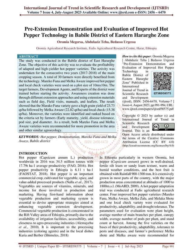 Pre Extension Demonstration and Evaluation of Improved Hot Pepper Technology in Babile District ...