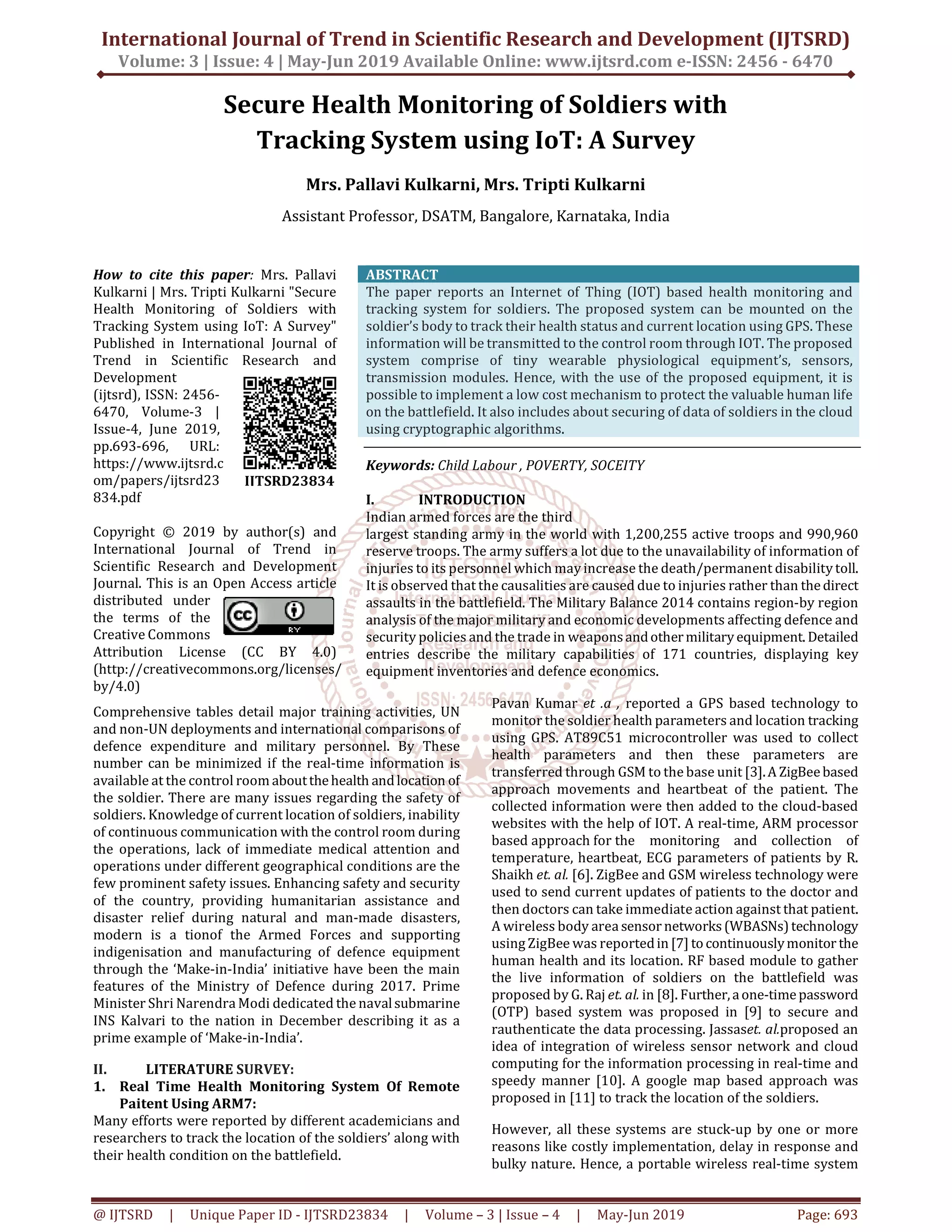 Secure Health Monitoring of Soldiers with Tracking System using IoT A ...
