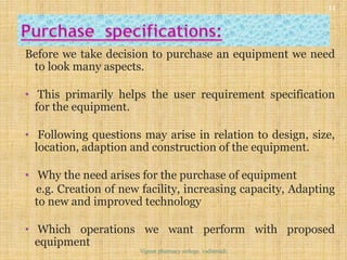 EQUIPMENT SELECTION,PURCHASE SPECIFICATION,MAINTENANCE | PPTX