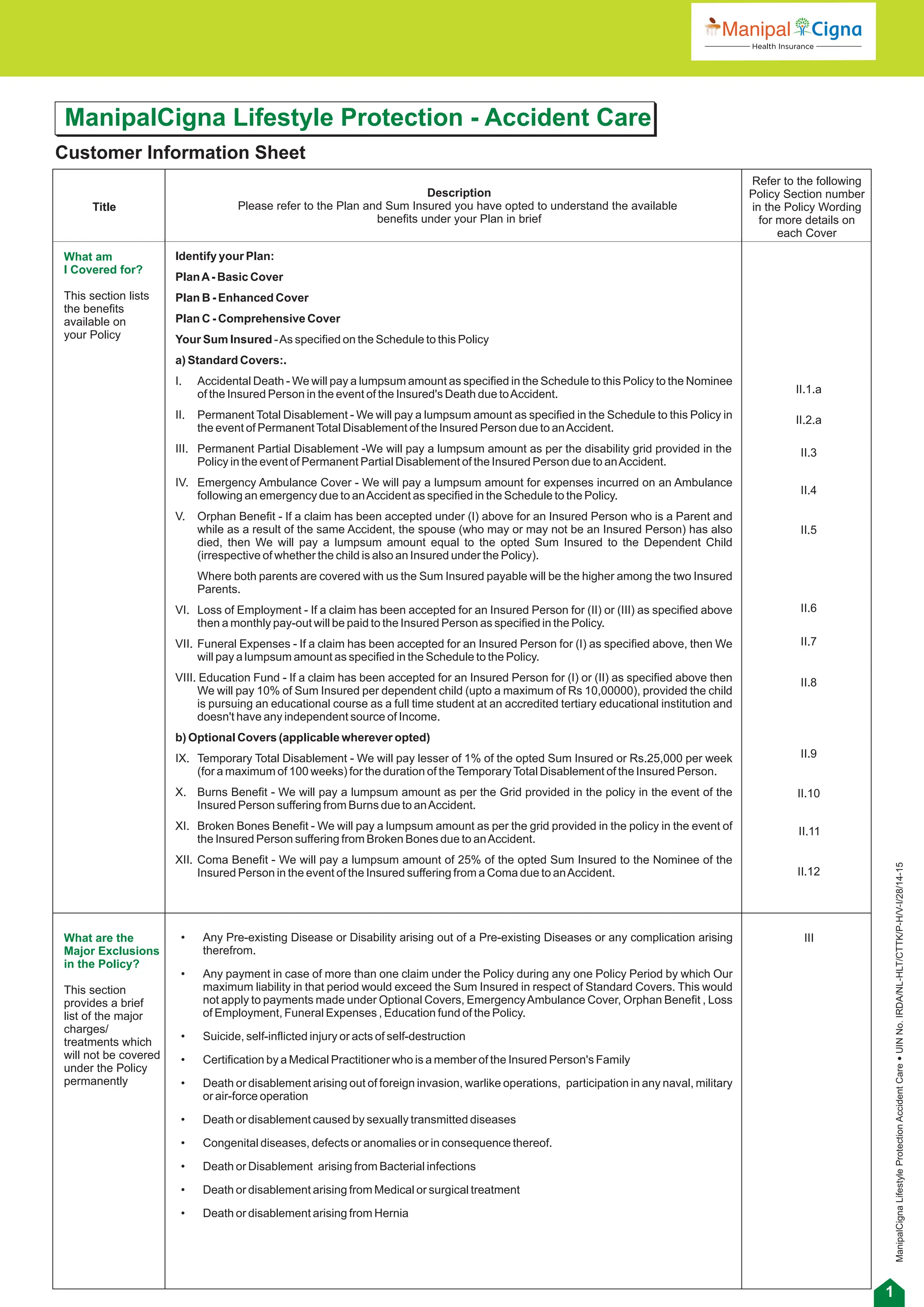 Discover Lifestyle Protection Accident Care Plan | ManipalCigna | PDF