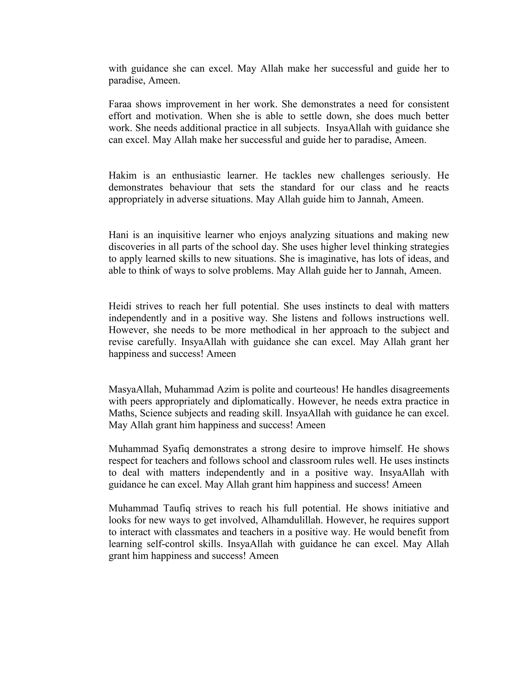 REPORT CARD COMMENTS SAMPLE FOR ISLAMIC SCHOOL | DOC