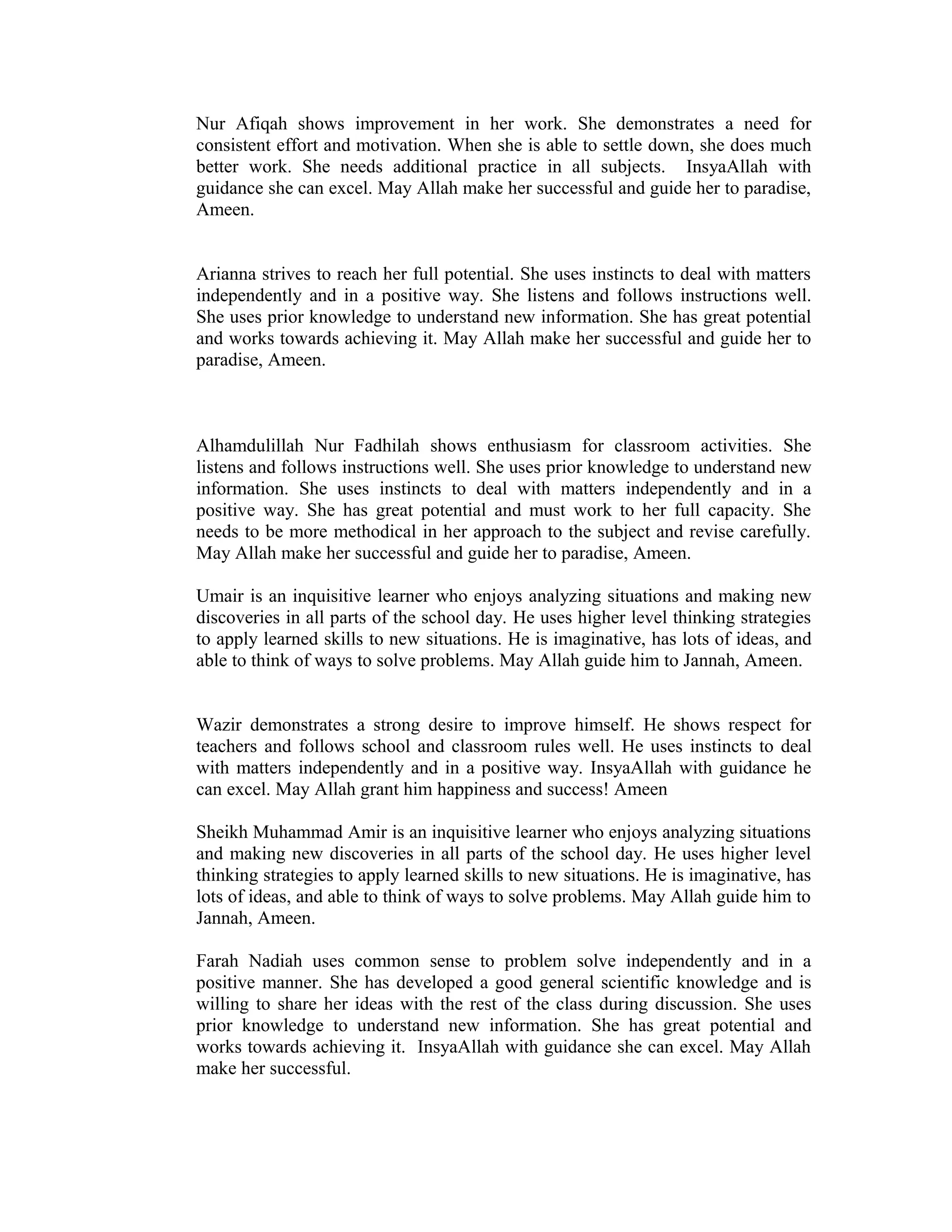 REPORT CARD COMMENTS SAMPLE FOR ISLAMIC SCHOOL | DOC