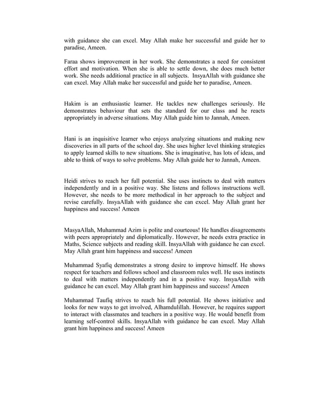 REPORT CARD COMMENTS SAMPLE FOR ISLAMIC SCHOOL | DOC | Islam | Religion ...