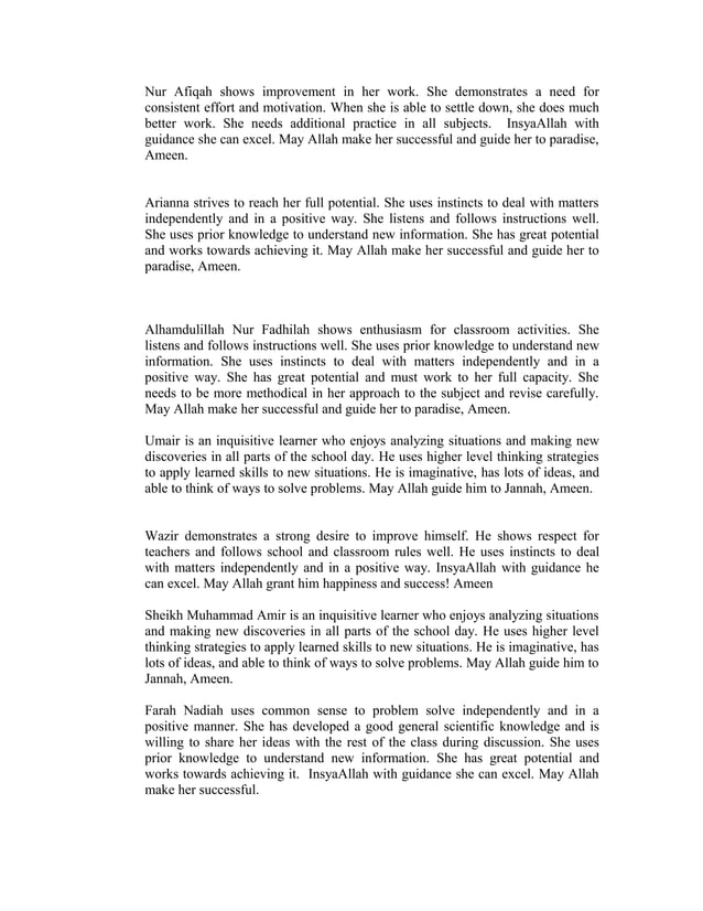 REPORT CARD COMMENTS SAMPLE FOR ISLAMIC SCHOOL | DOC | Islam | Religion ...