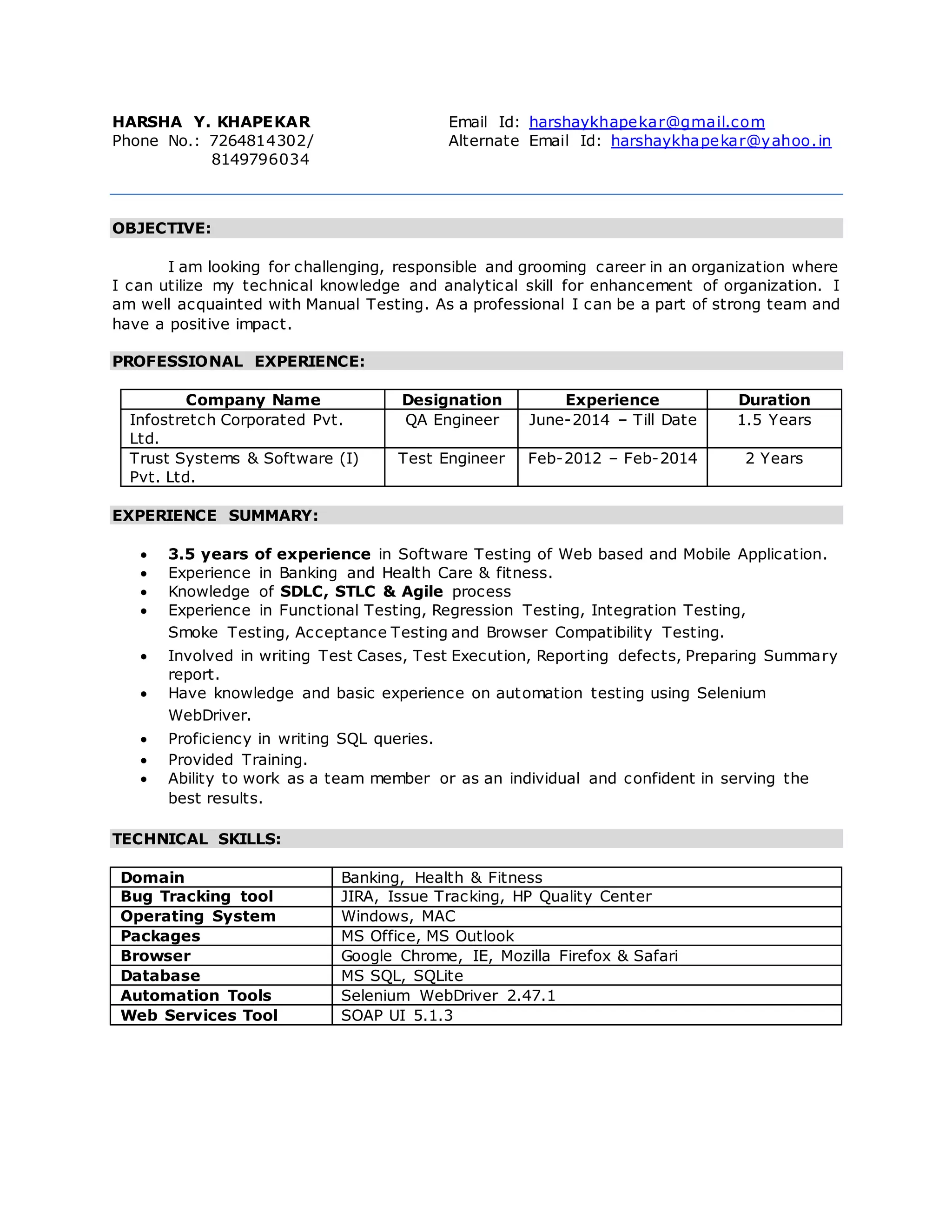 Resume Harsha Khapekar_3.5years | DOCX | Web Development | Internet