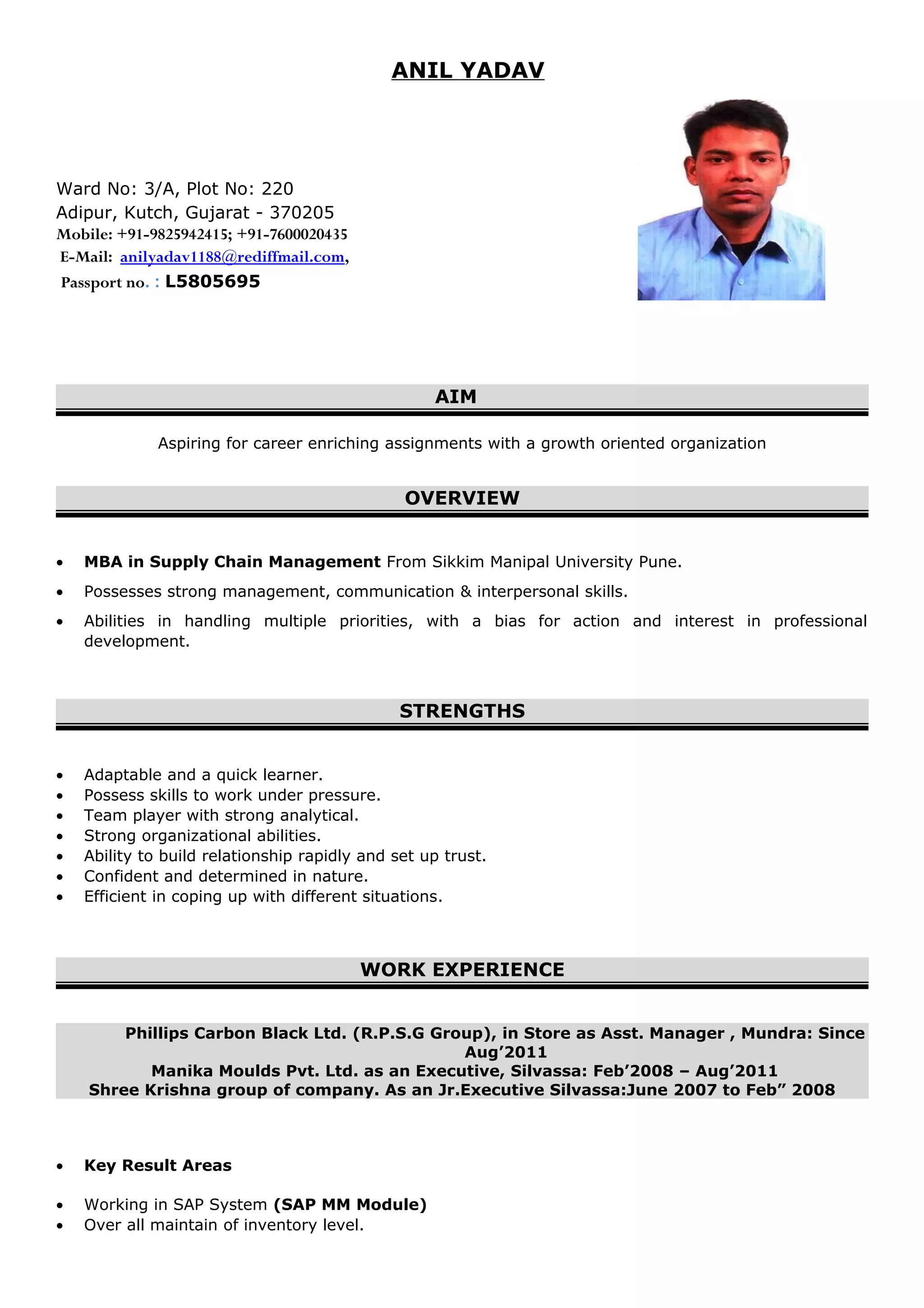 Anil resume store passport | DOC