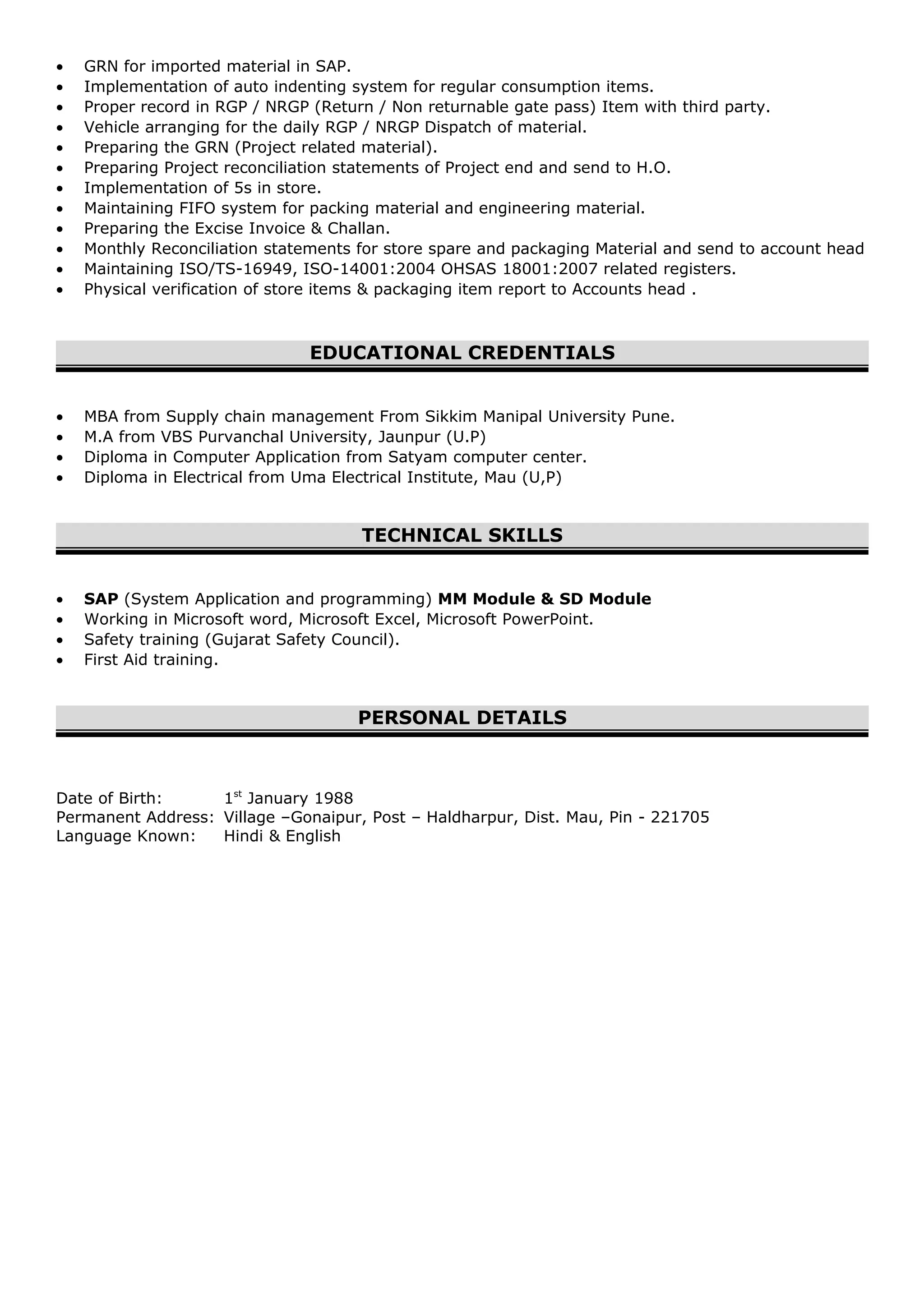 Anil resume store passport | DOC