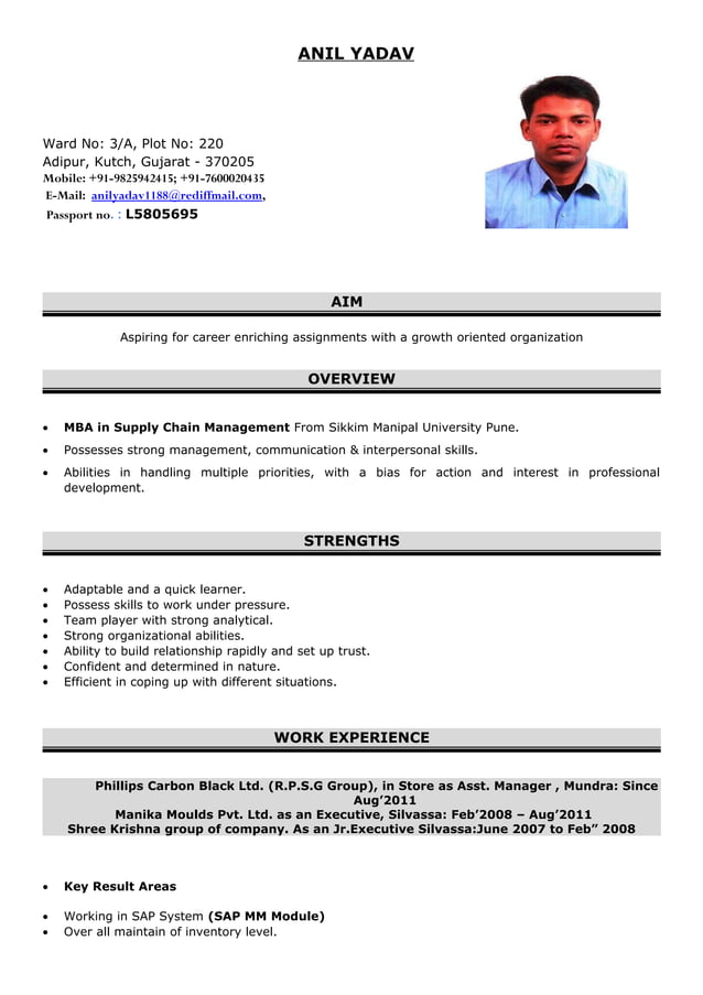 Anil resume store passport | DOC | Business | Business and Finance