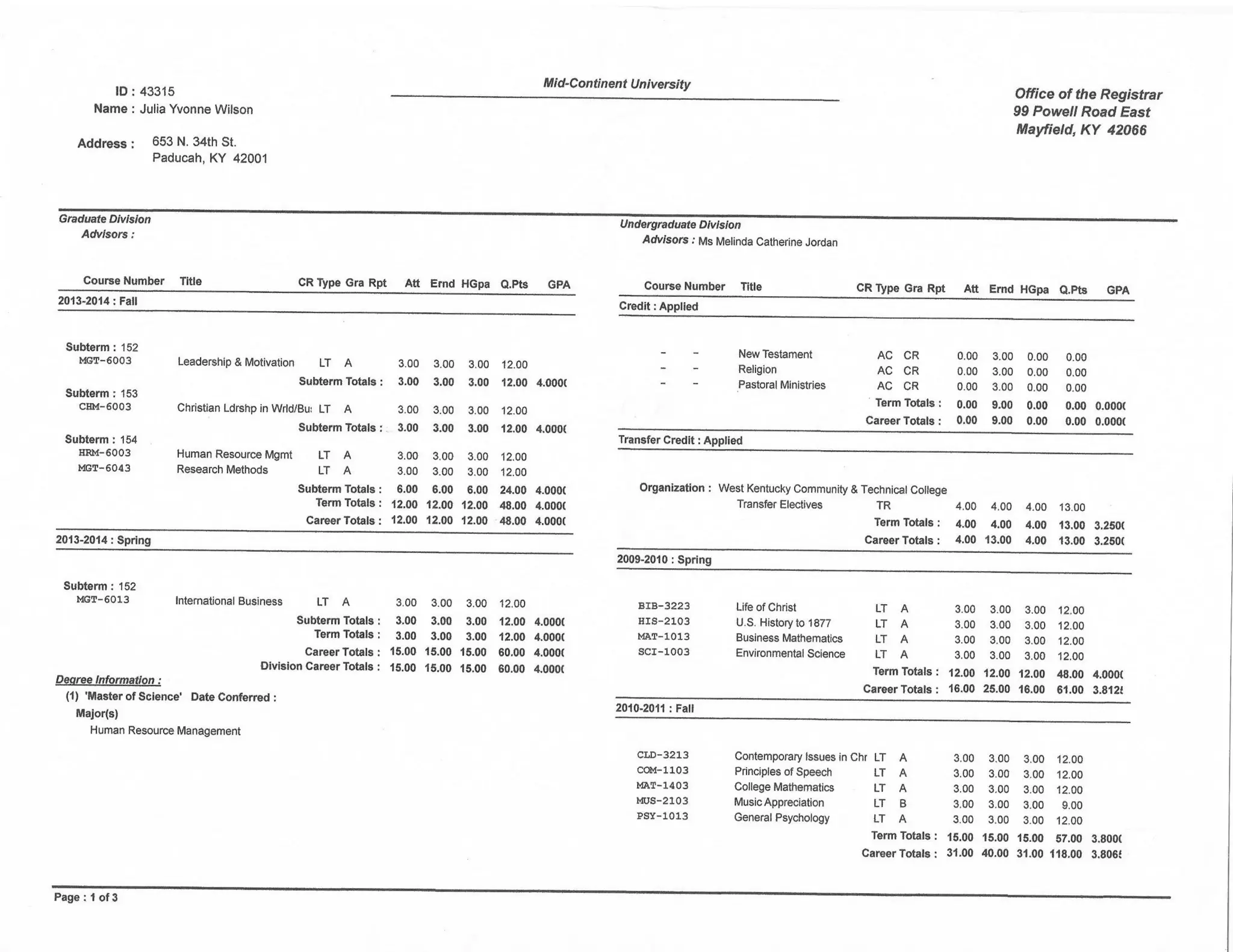 unofficial transcript MCU | PPT