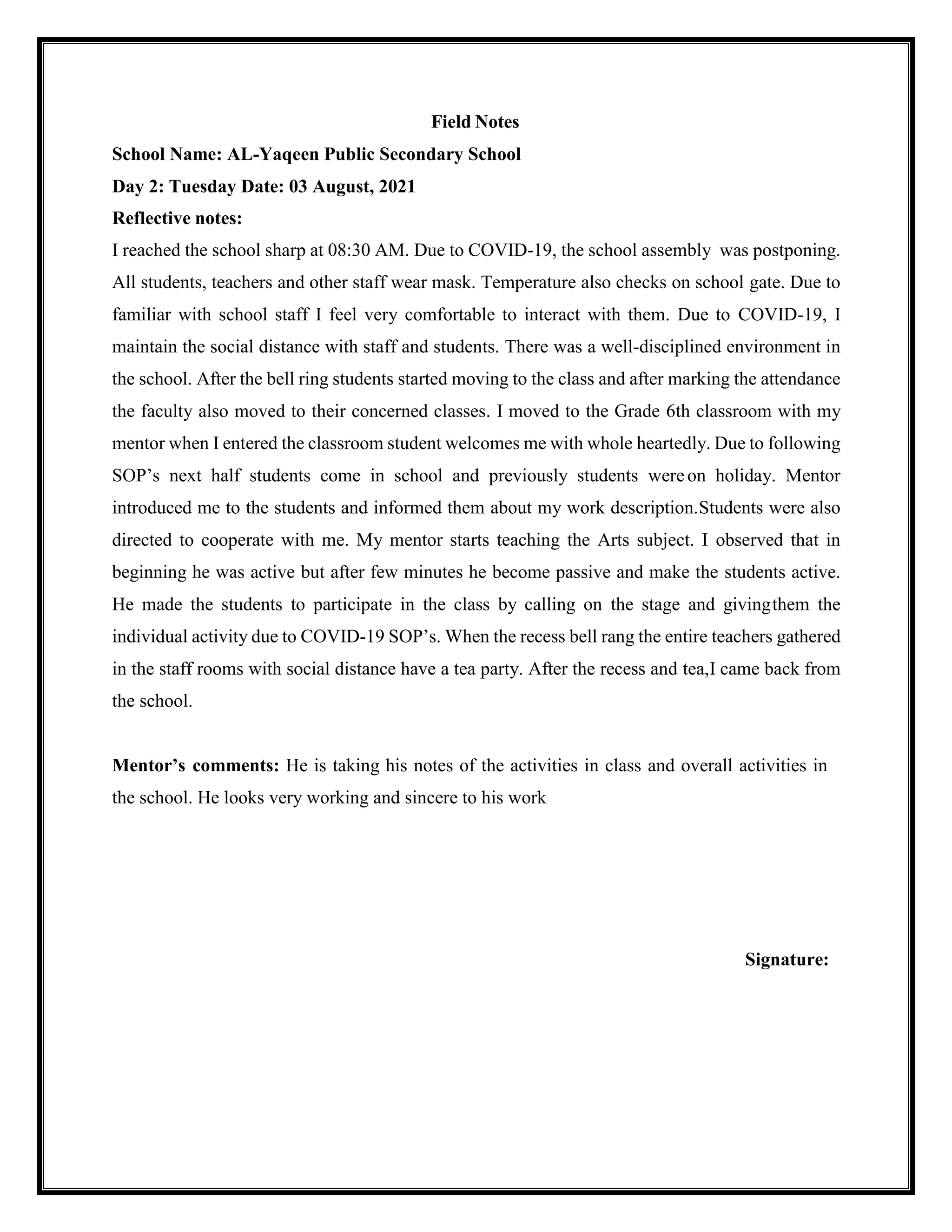 14 Days Field Note.pdf for b.eb 1.5 year programme of 6996 | PDF