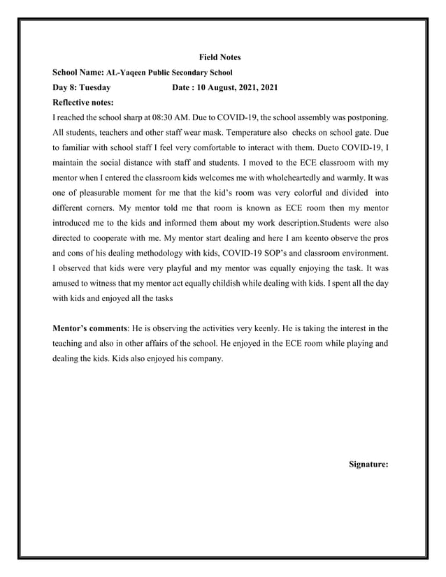 14 Days Field Note.pdf for b.eb 1.5 year programme of 6996 | PDF