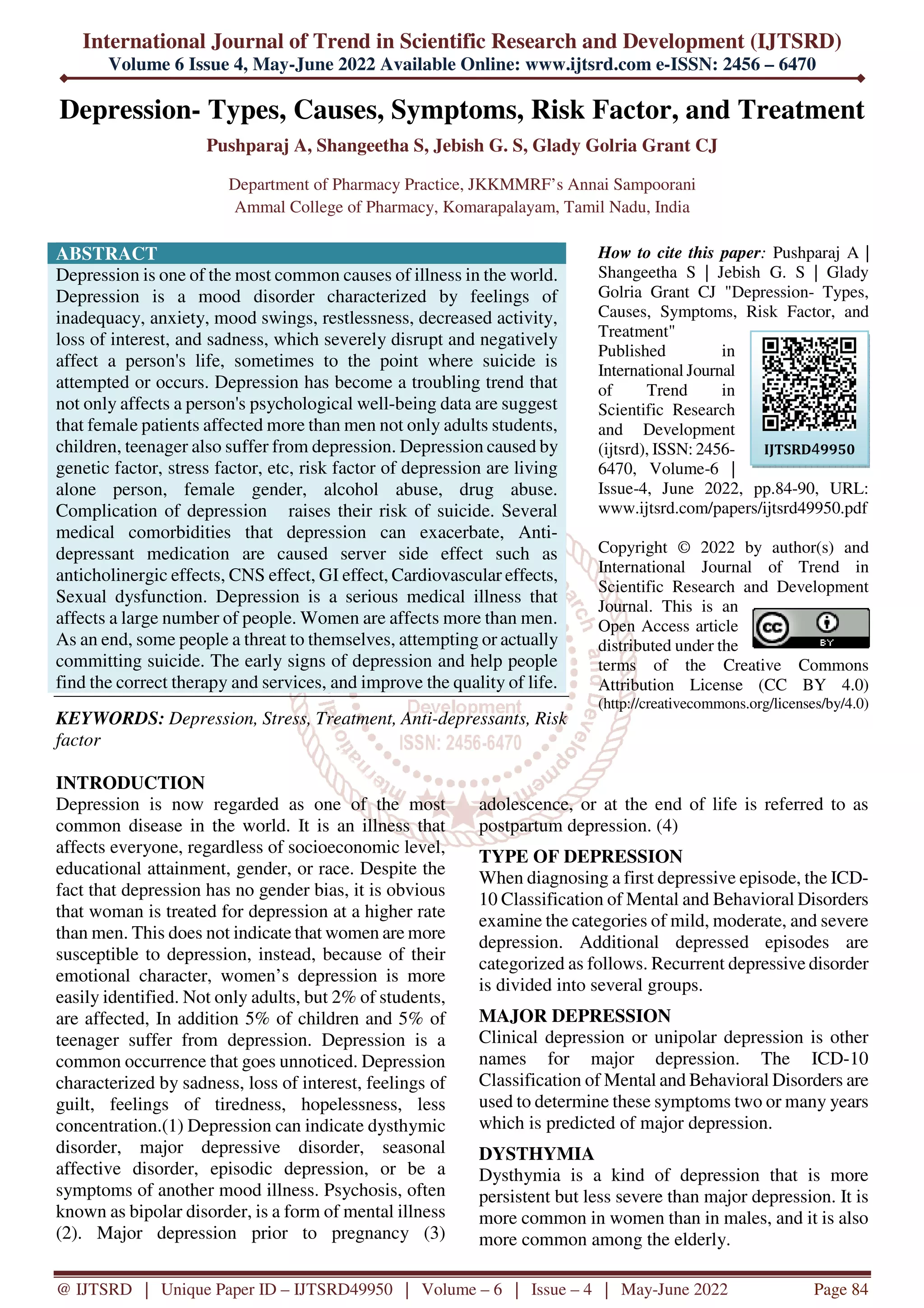 Depression Types, Causes, Symptoms, Risk Factor, and Treatment | PDF