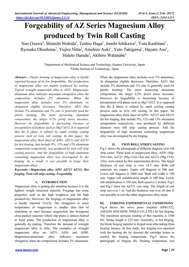 forgeability of az series magnesium alloy produced by twin roll casting | PDF