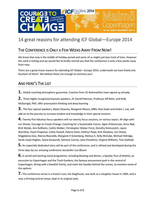 14 great reasons to join icf global conference in malmö 2014 | PDF