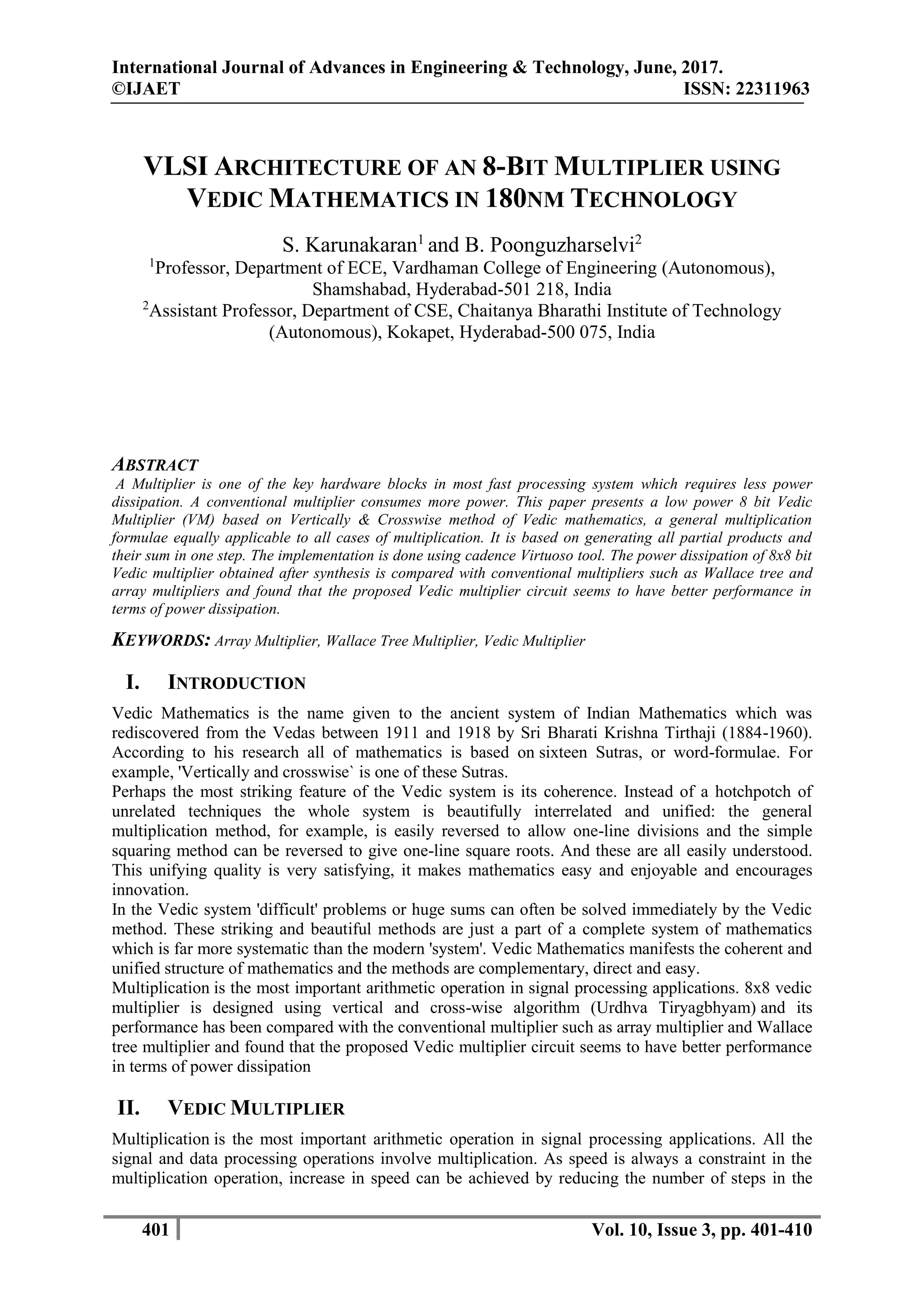 VLSI ARCHITECTURE OF AN 8-BIT MULTIPLIER USING VEDIC MATHEMATICS IN 180NM TECHNOLOGY | PDF ...