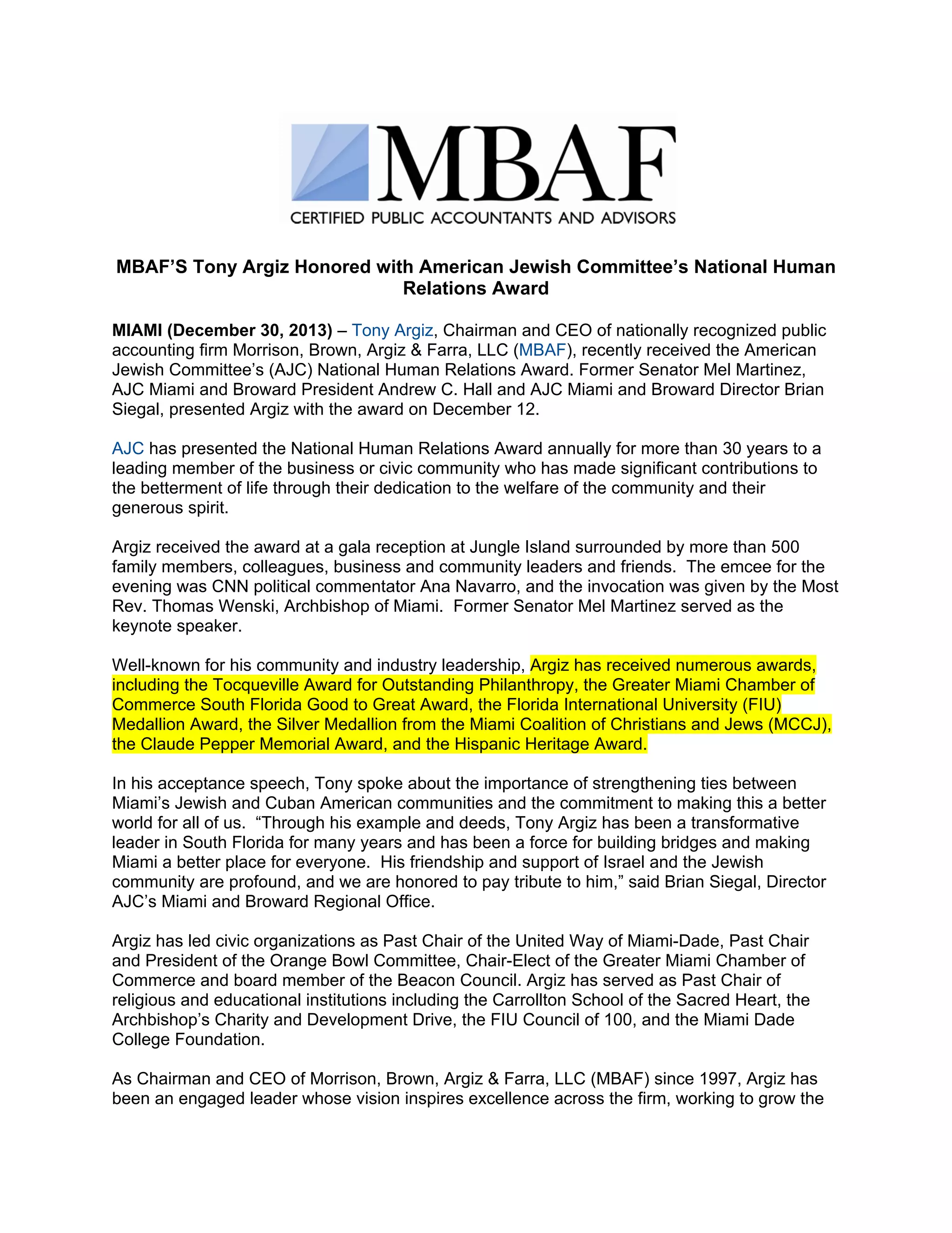 MBAF's Tony Argiz Honored with American Jewish Committee's National ...