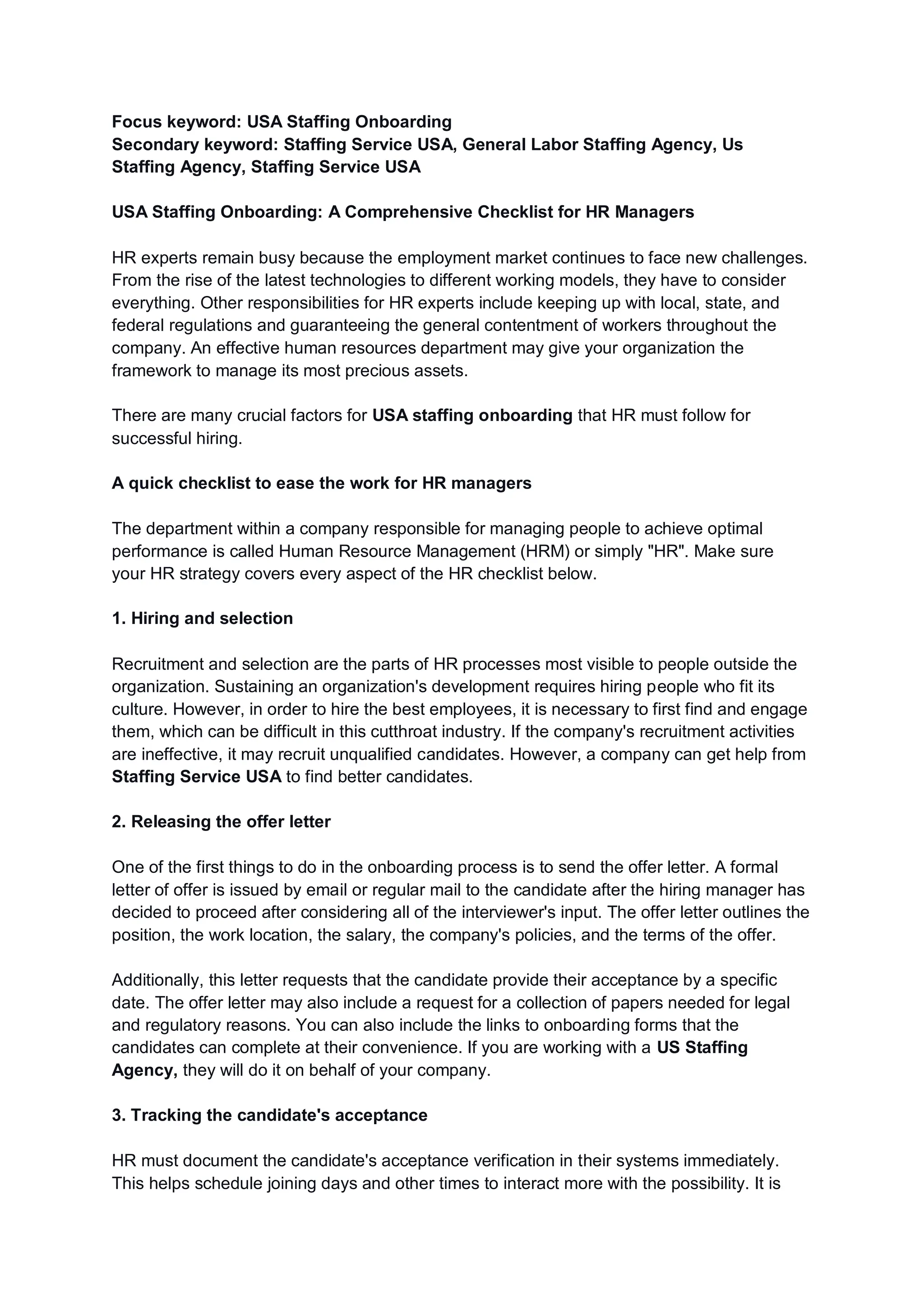 USA Staffing Onboarding: A Comprehensive Checklist for HR Managers | PDF