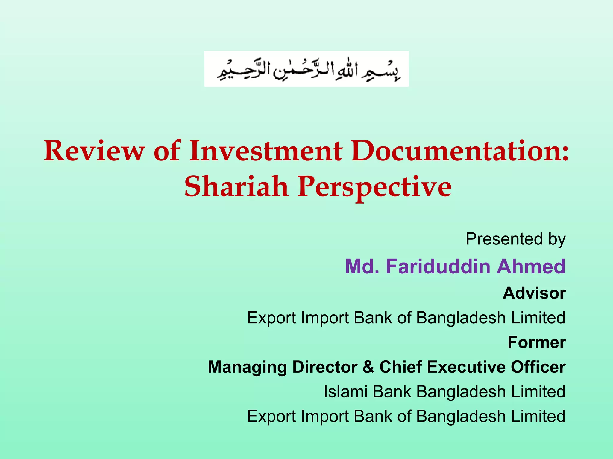 Review of investment documentation shariah perspective | PPT